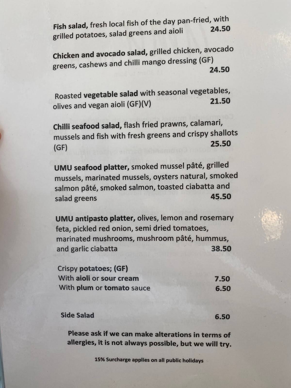 Menu at UMU Restaurant and Cafe, Coromandel