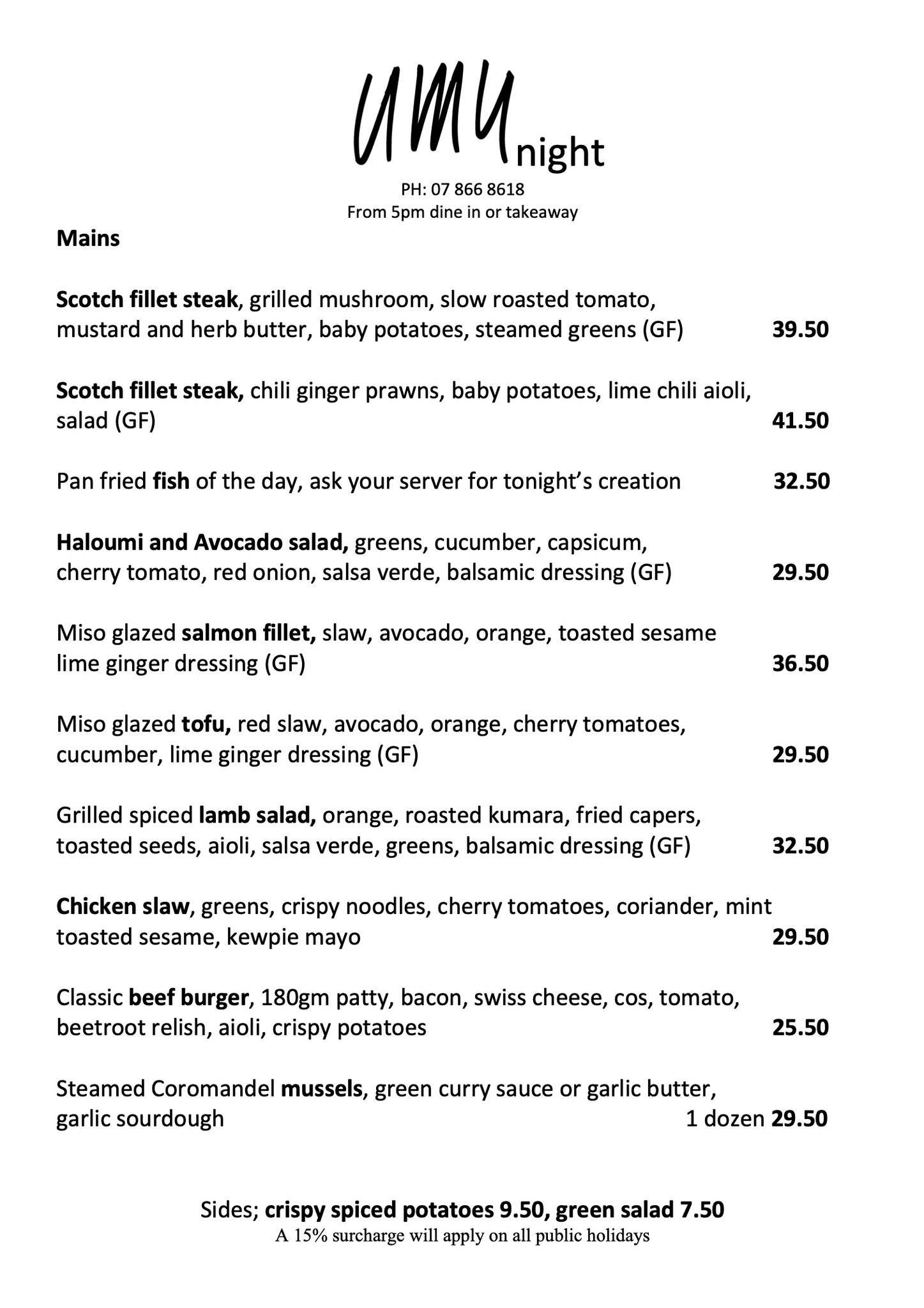 Menu at UMU Restaurant and Cafe, Coromandel