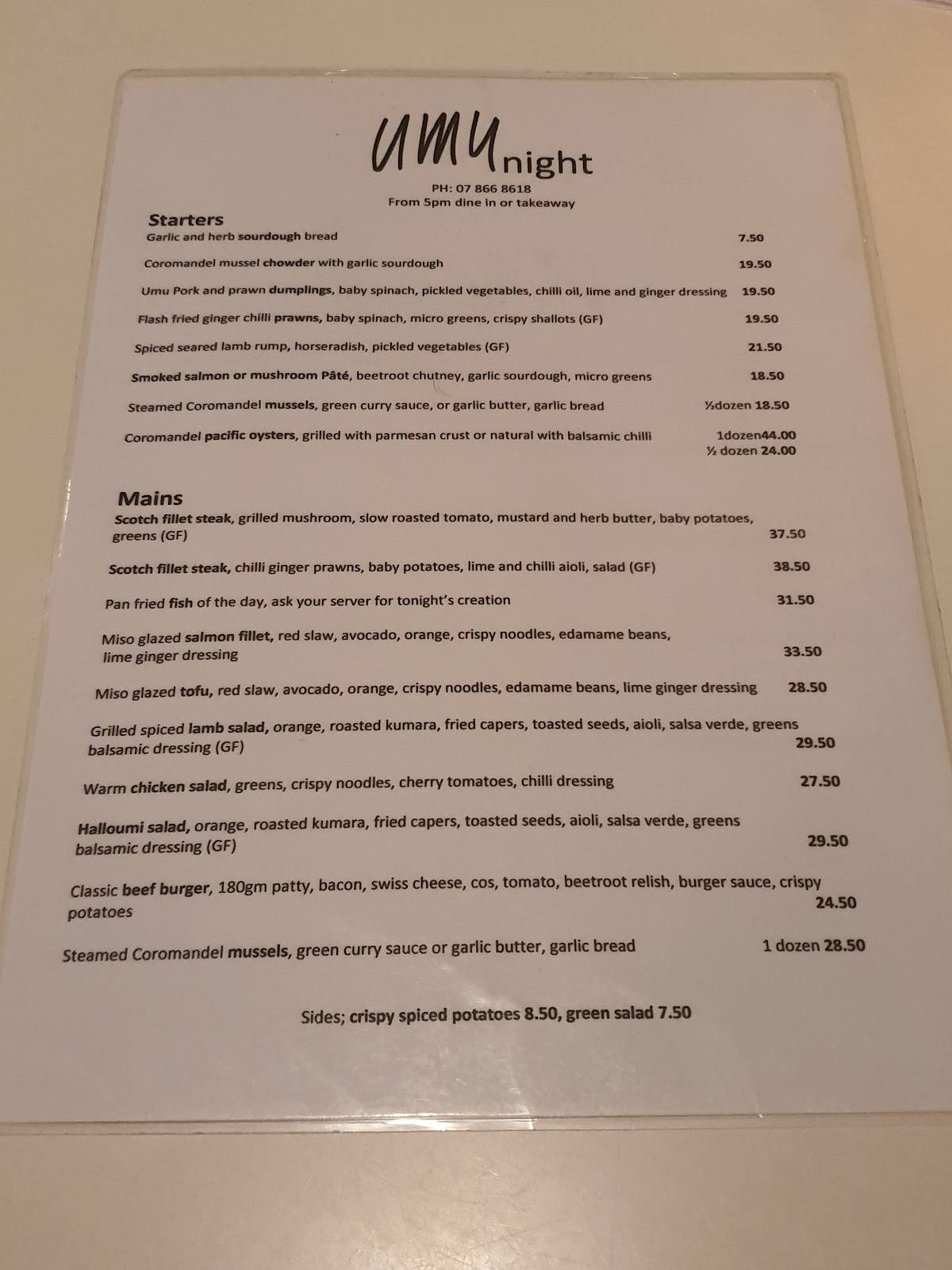 Menu at UMU Restaurant and Cafe, Coromandel