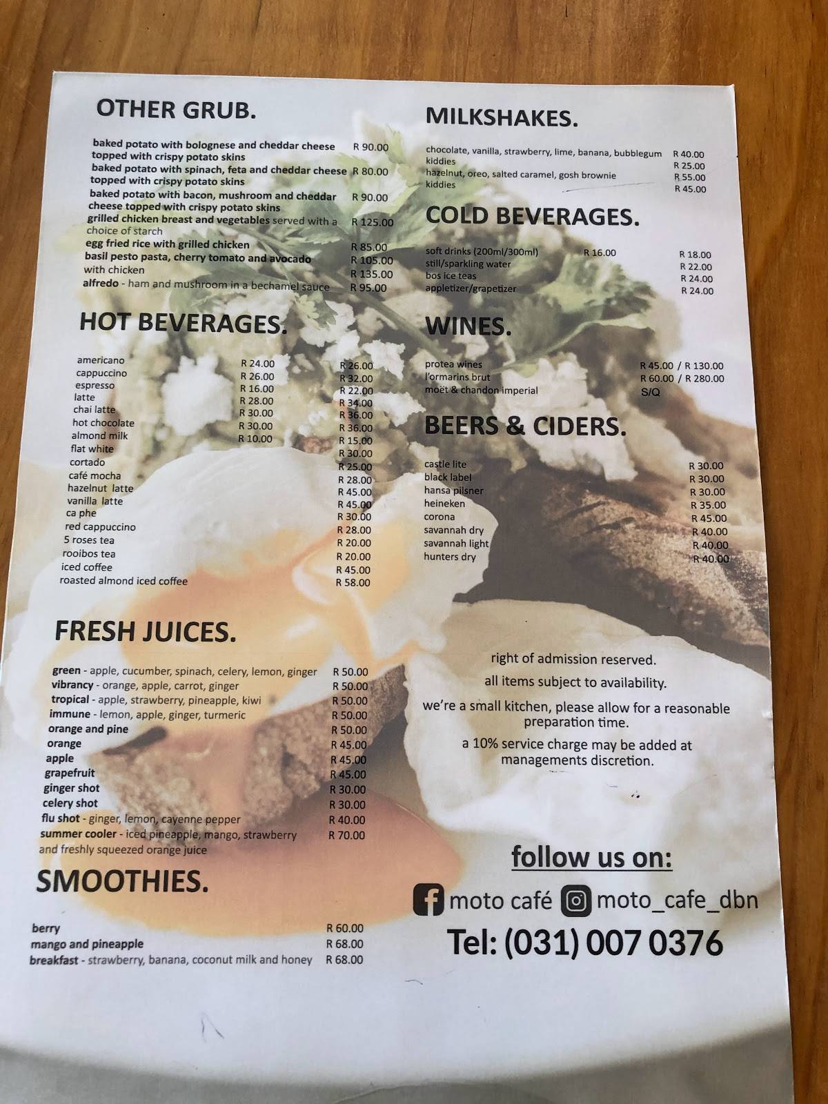 Menu at Moto Cafe, Umhlanga