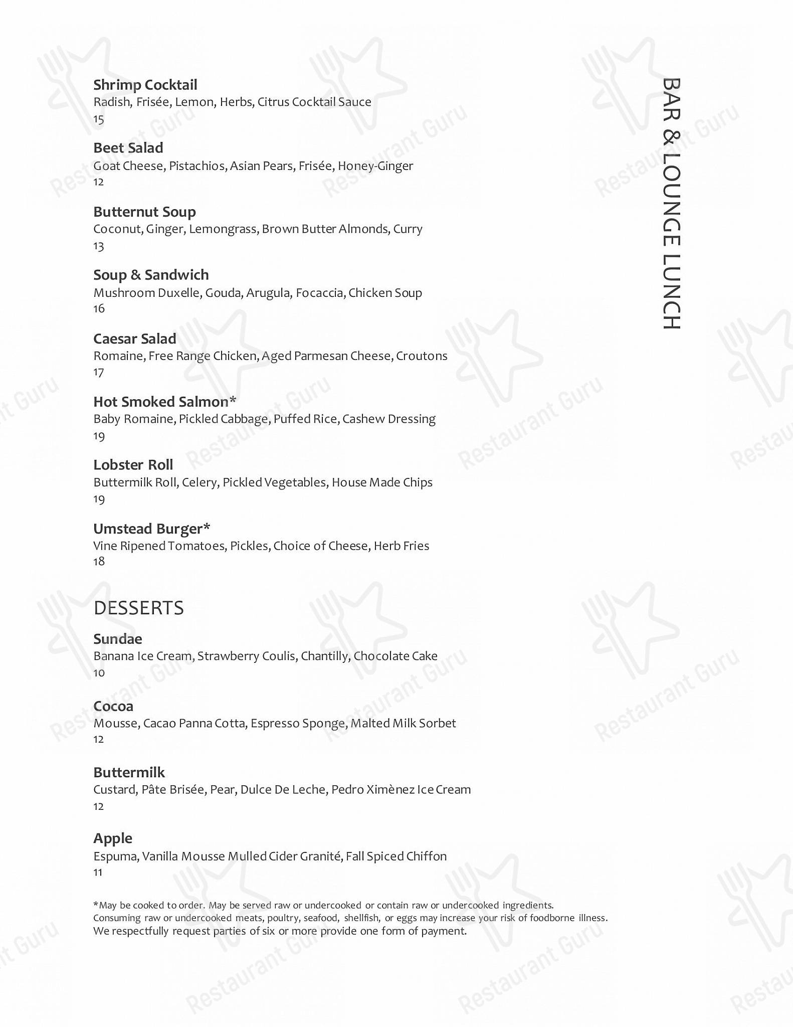 Menu at The Umstead Hotel and Spa pub & bar, Cary