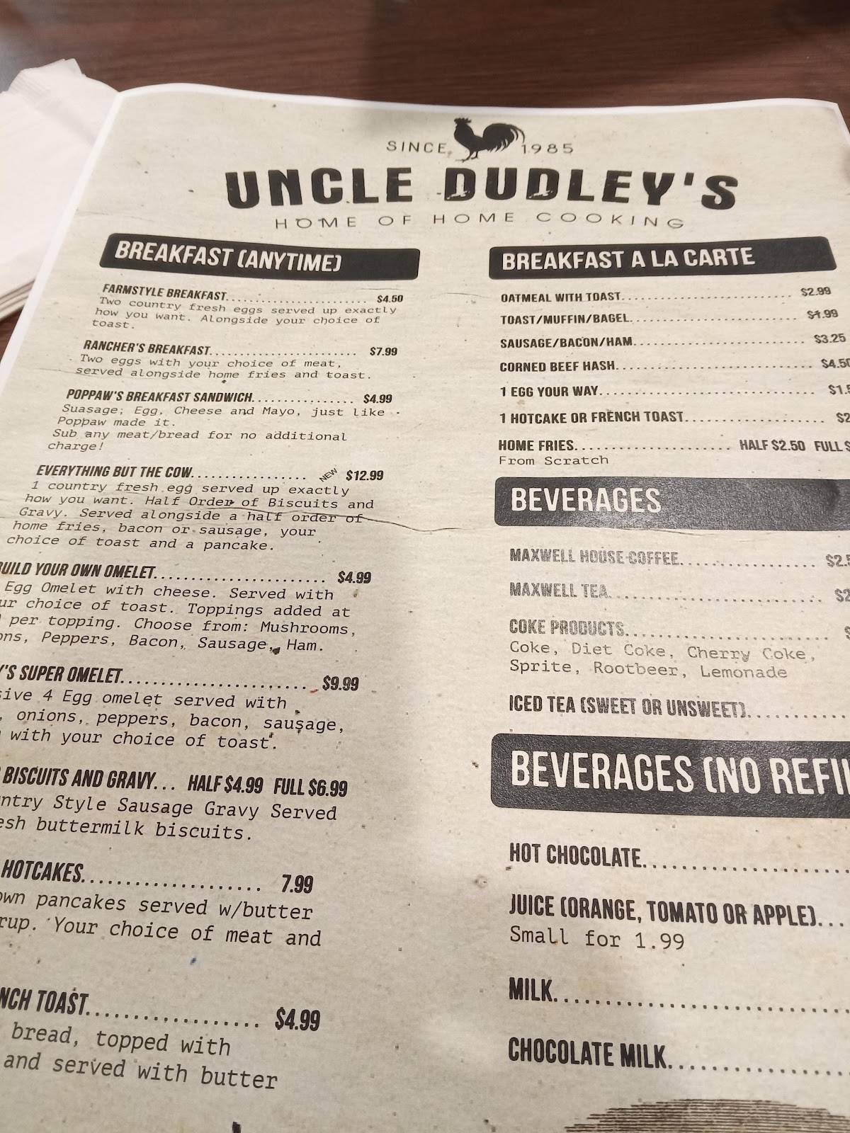 Menu at Uncle Dudley's Restaurant, Willard
