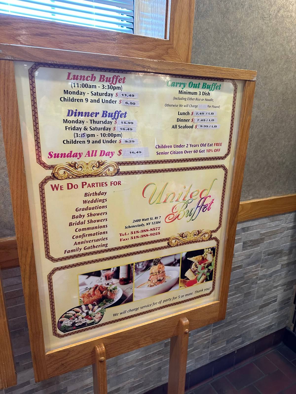 Menu at United Buffet restaurant, Schenectady