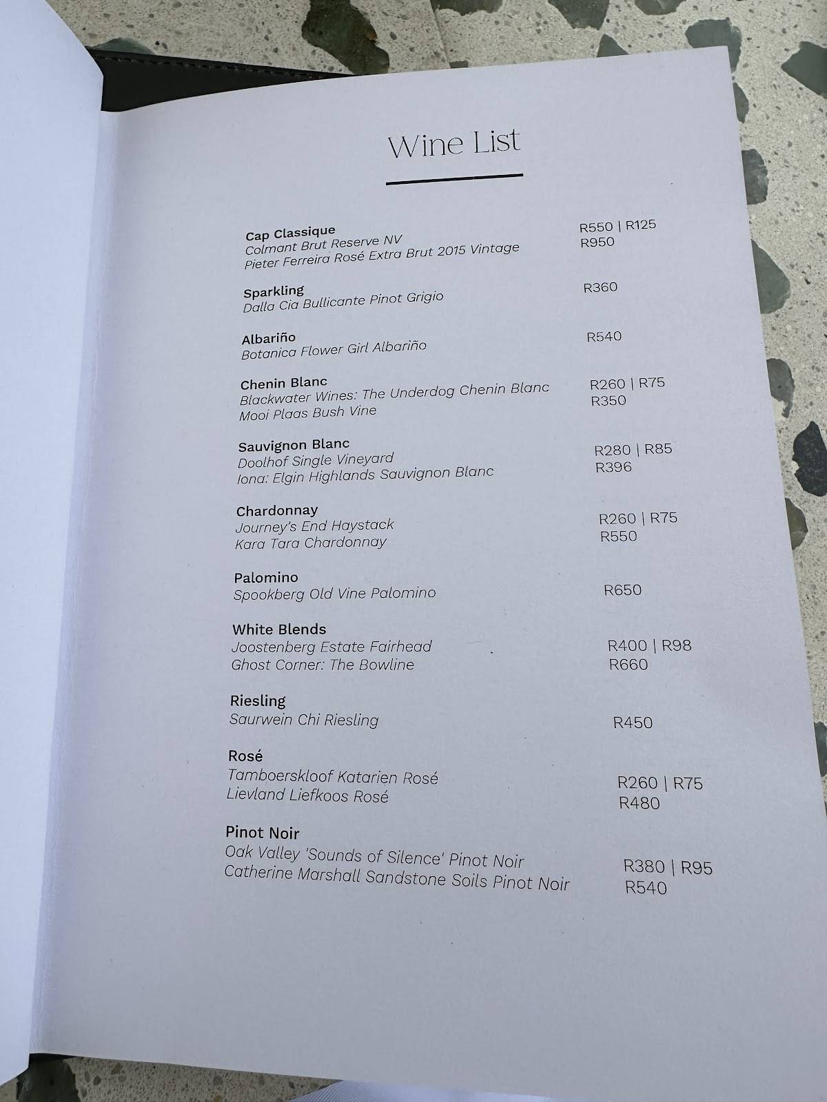 Menu at Upper Union restaurant, Cape Town