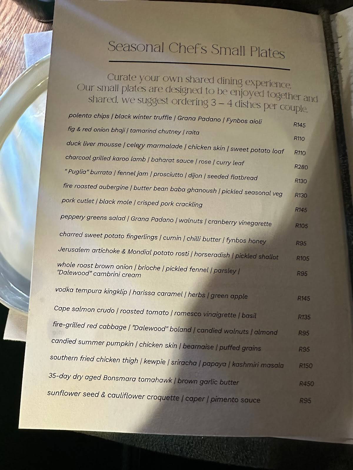 Menu at Upper Union restaurant, Cape Town