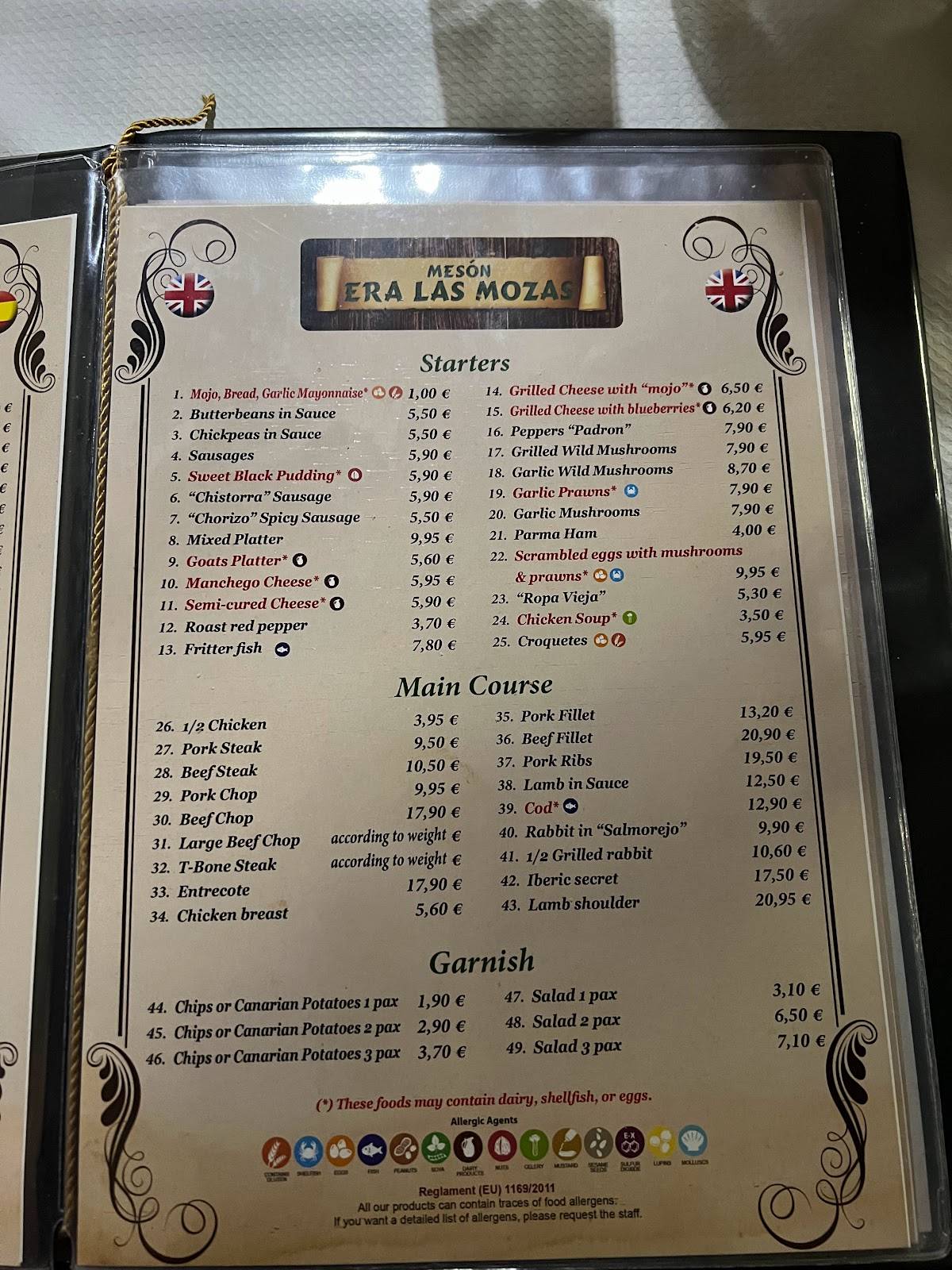 Carta del restaurante Mesón Era Las Mozas, Valle del San Lorenzo