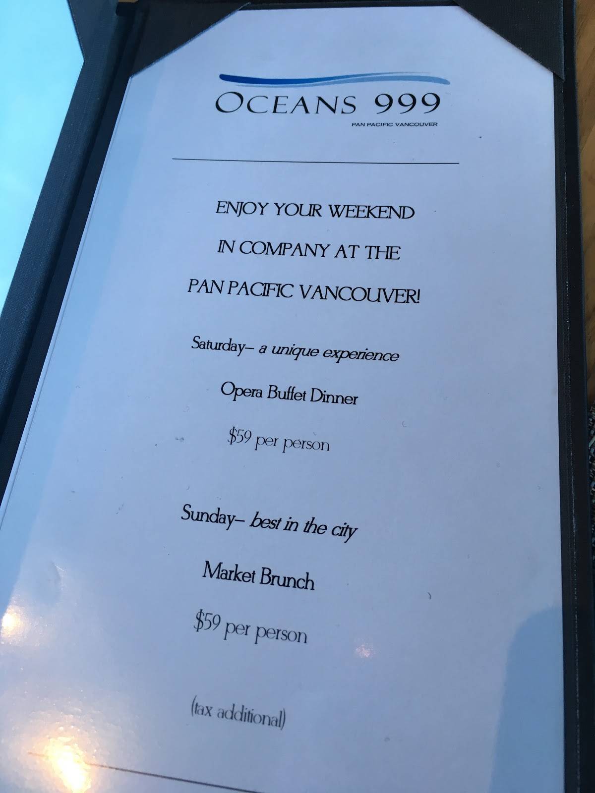 Menu at Oceans 999 restaurant, Vancouver, 999 Canada Pl #300