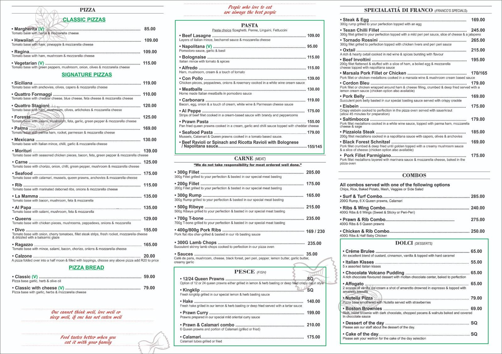 Menu at Franco’s restaurant, Vanderbijlpark, Frikkie Meyer Blvd
