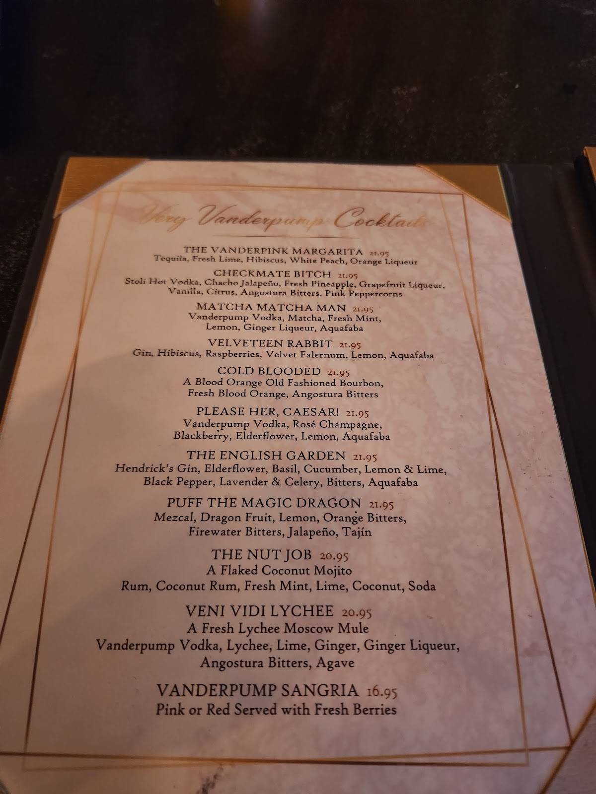 Menu at Vanderpump Cocktail Garden pub & bar, Las Vegas
