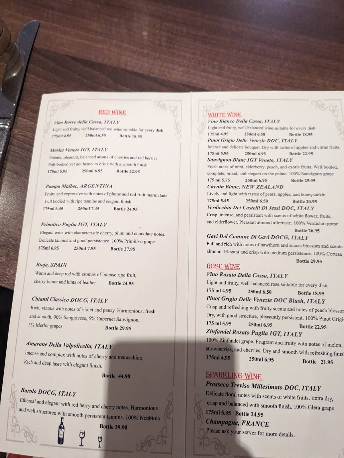 Menu at Al Trullo restaurant, Verwood