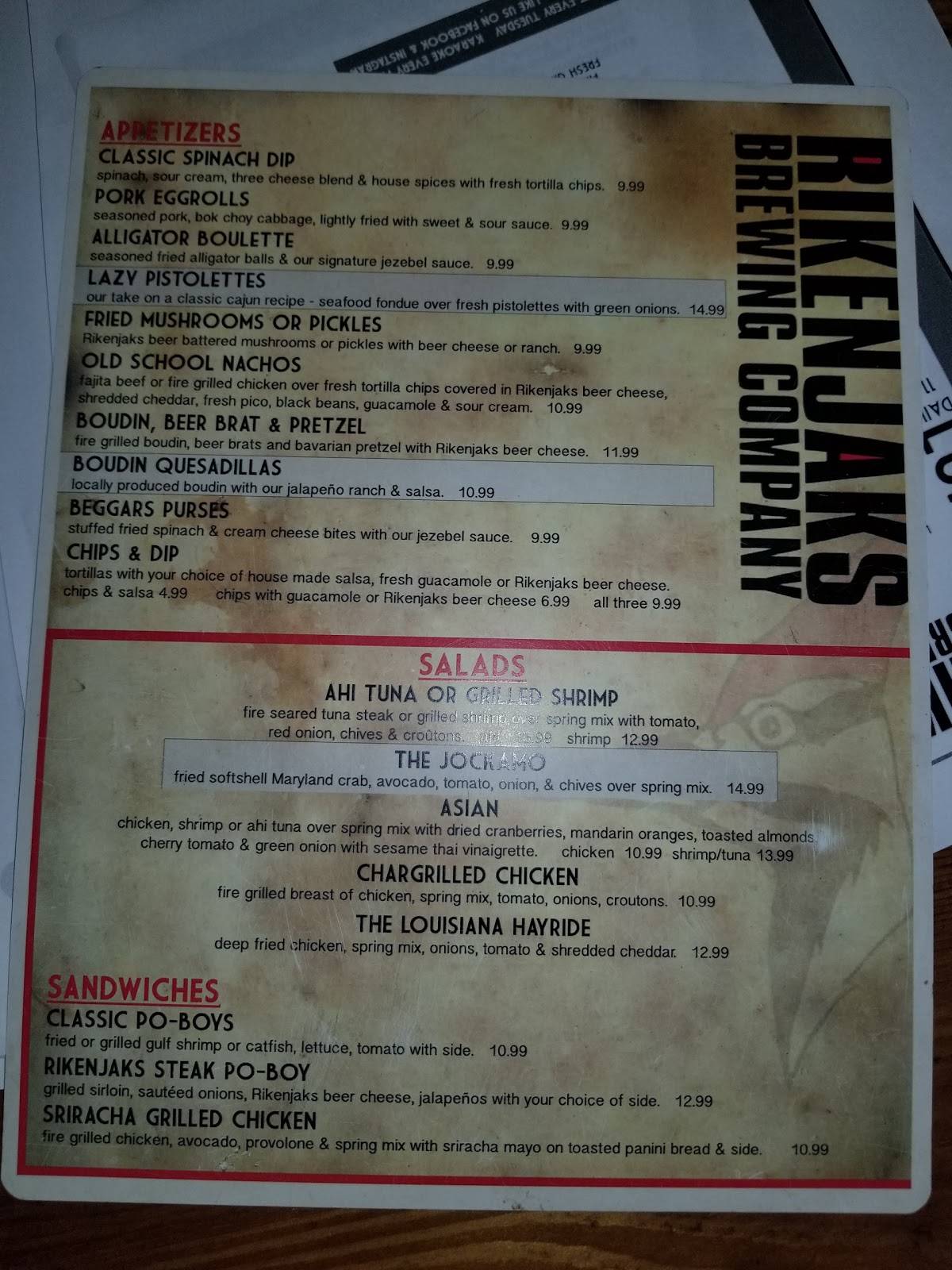 Menu at Rikenjaks Brewing Company pub & bar, Vidor