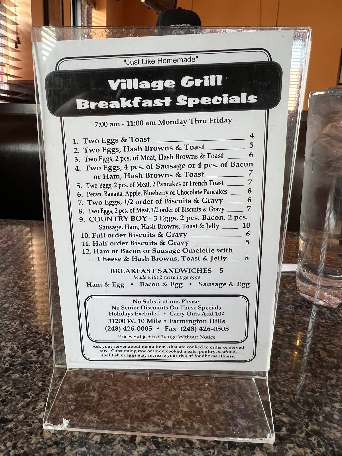 Menu at Village Grill of Farmington Hills restaurant, Farmington Hills ...