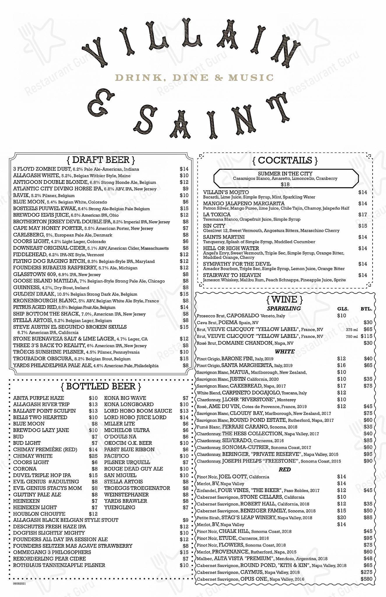 Menu at Villain & Saint restaurant, Atlantic City, 500 Boardwalk