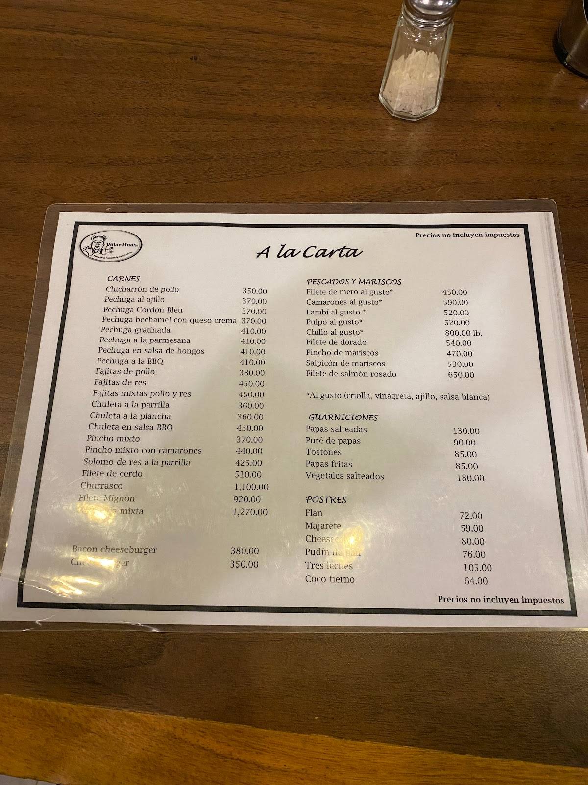 Menu at Villar Hermanos restaurant, Santo Domingo