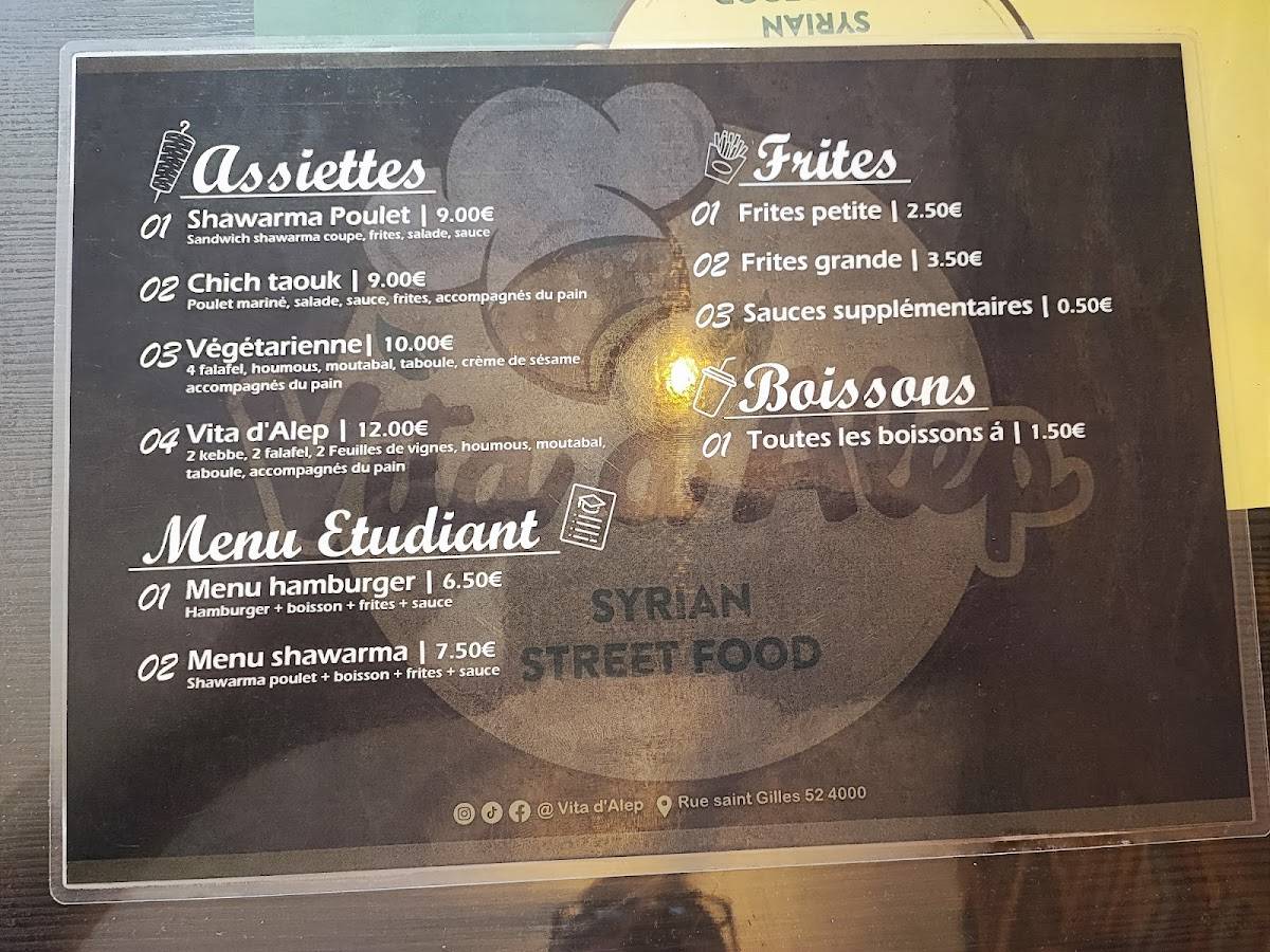 Menu au Vita d'Alep, Liège