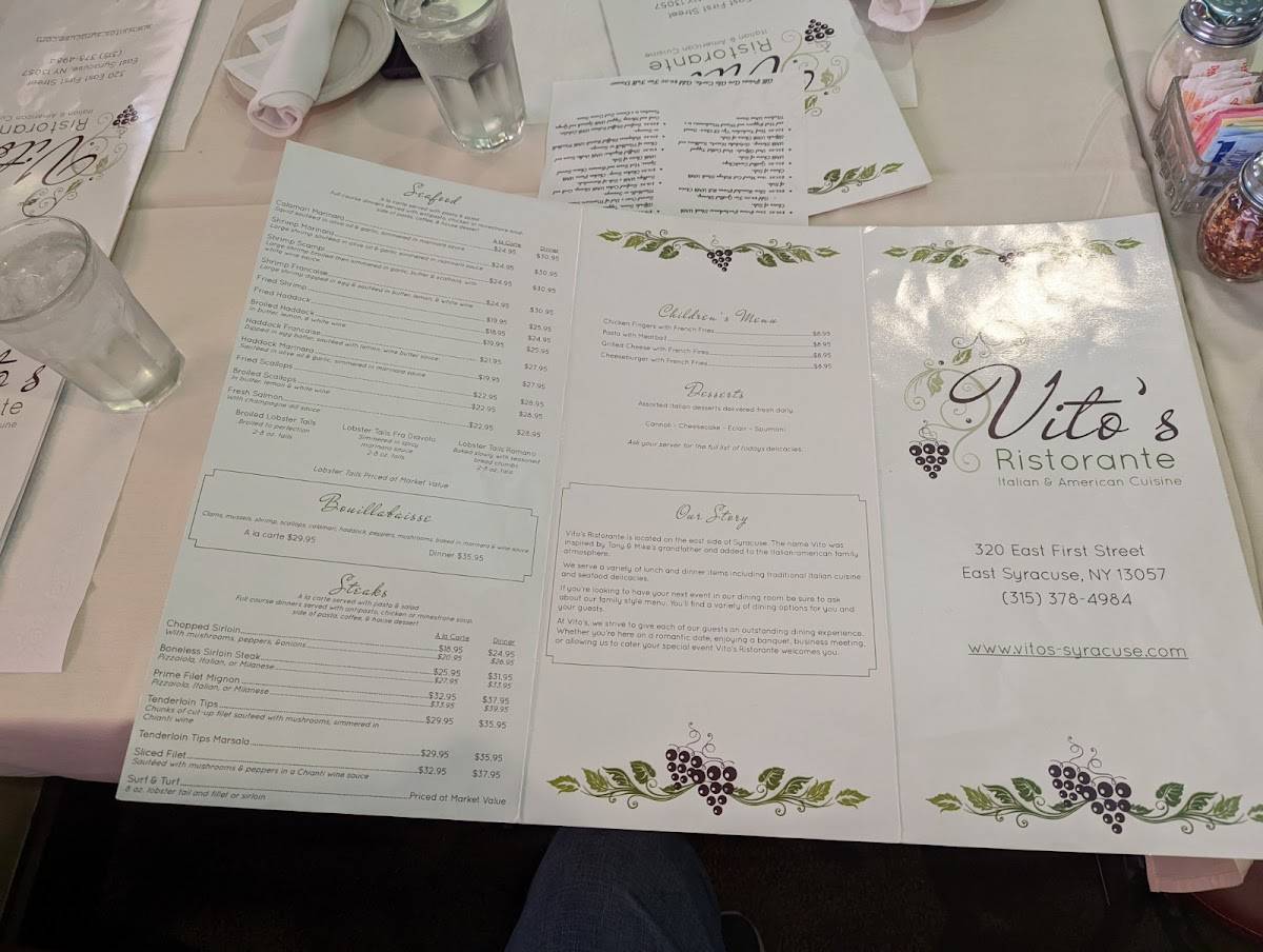 Menu at Vito's Ristorante restaurant, East Syracuse