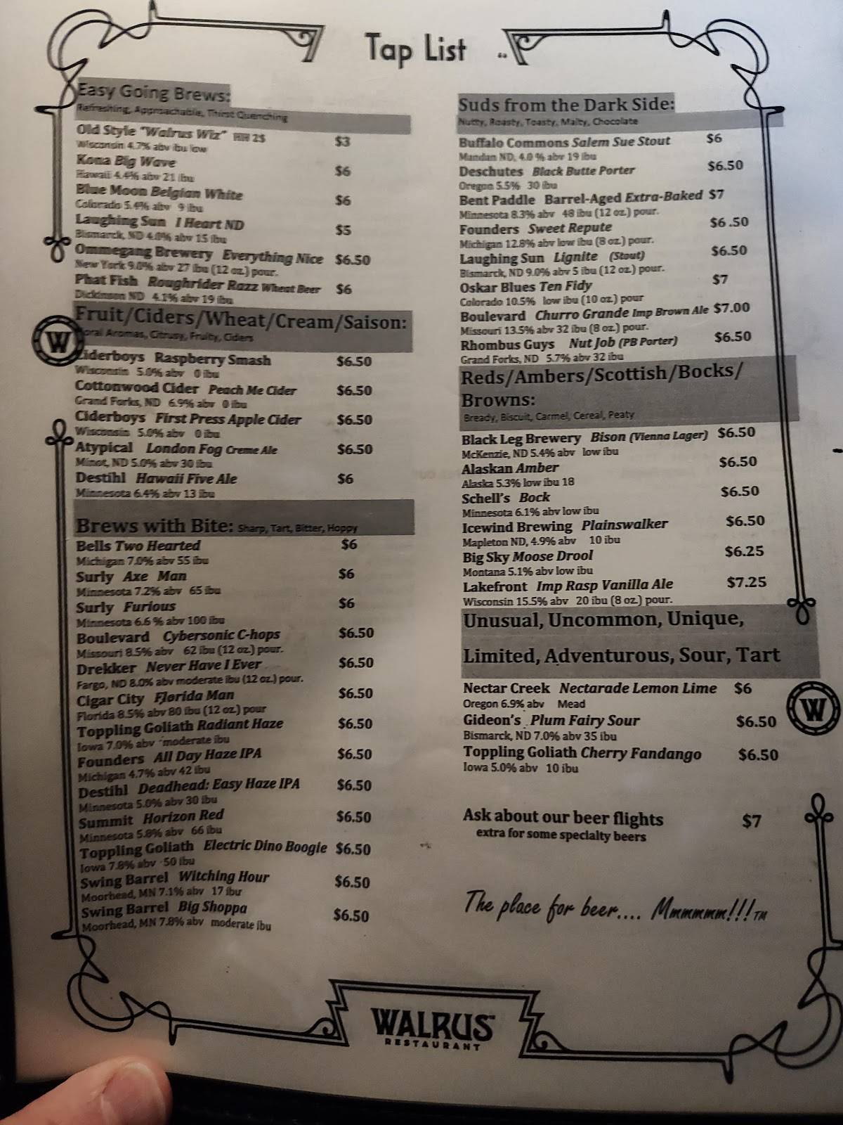 Menu at Walrus Restaurant, Bismarck