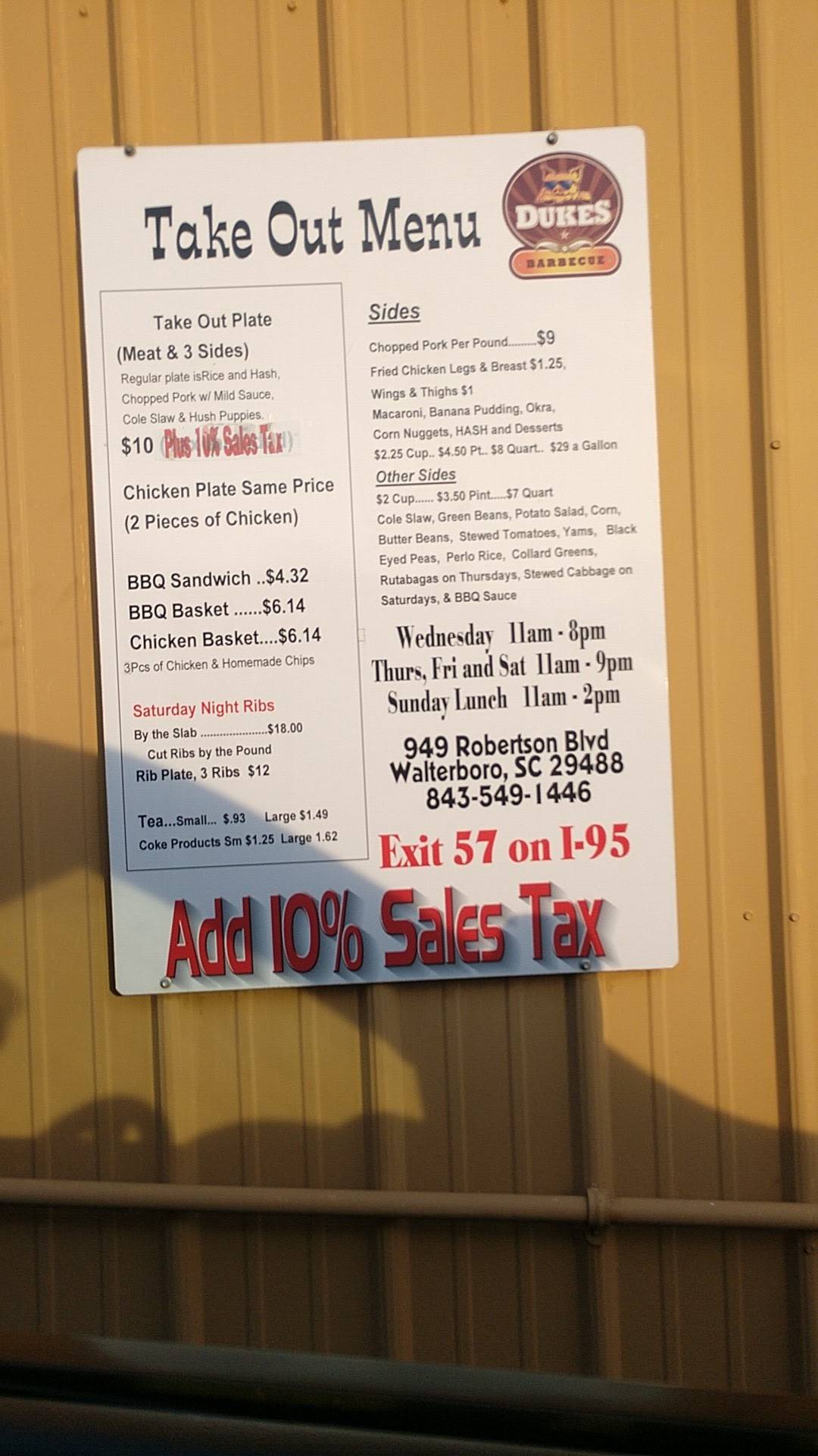 Menu at Dukes Barbecue, Walterboro