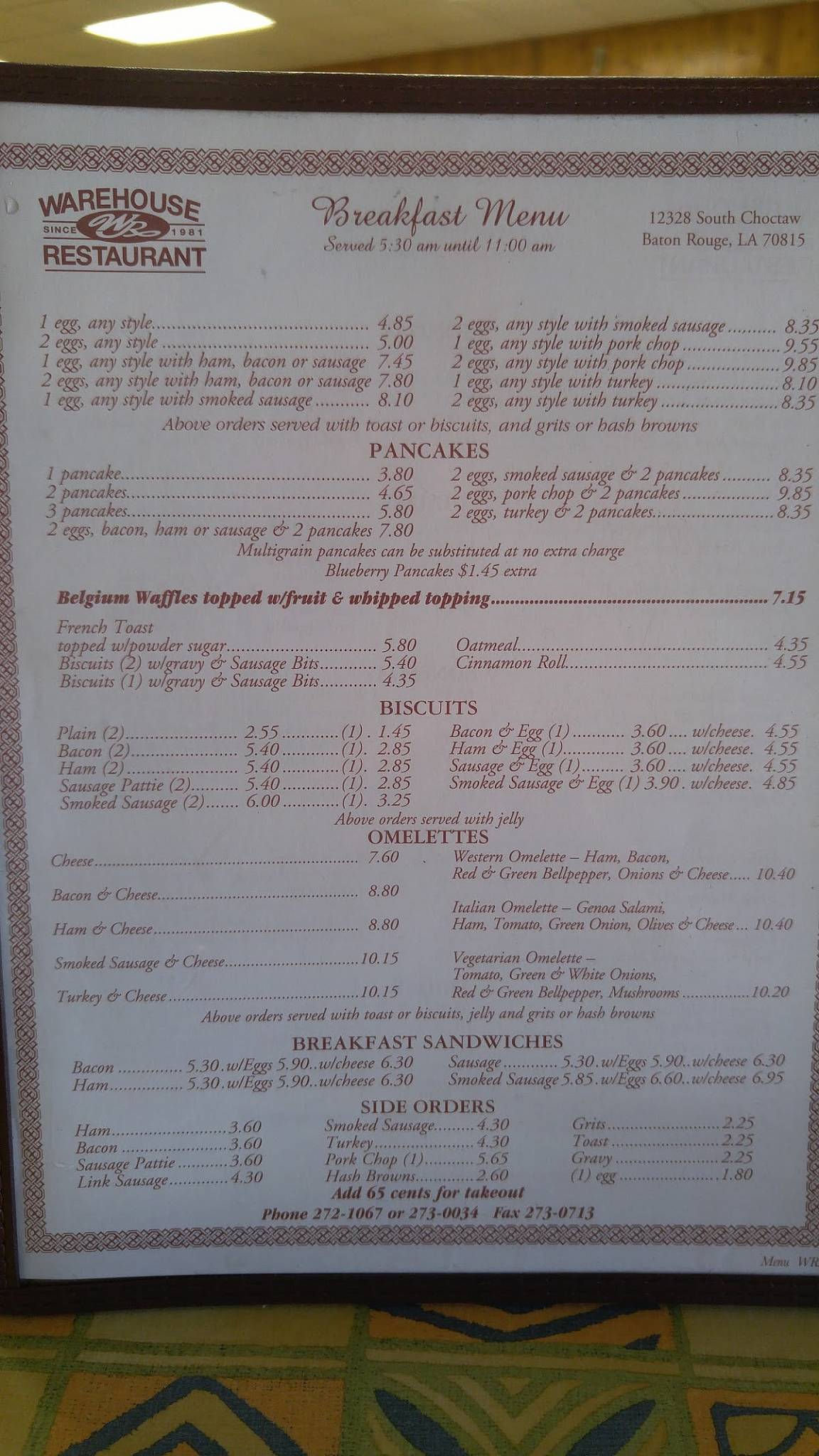 Menu at Warehouse Restaurant, Baton Rouge
