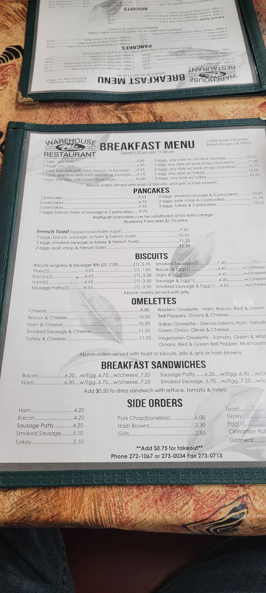 Menu at Warehouse Restaurant, Baton Rouge