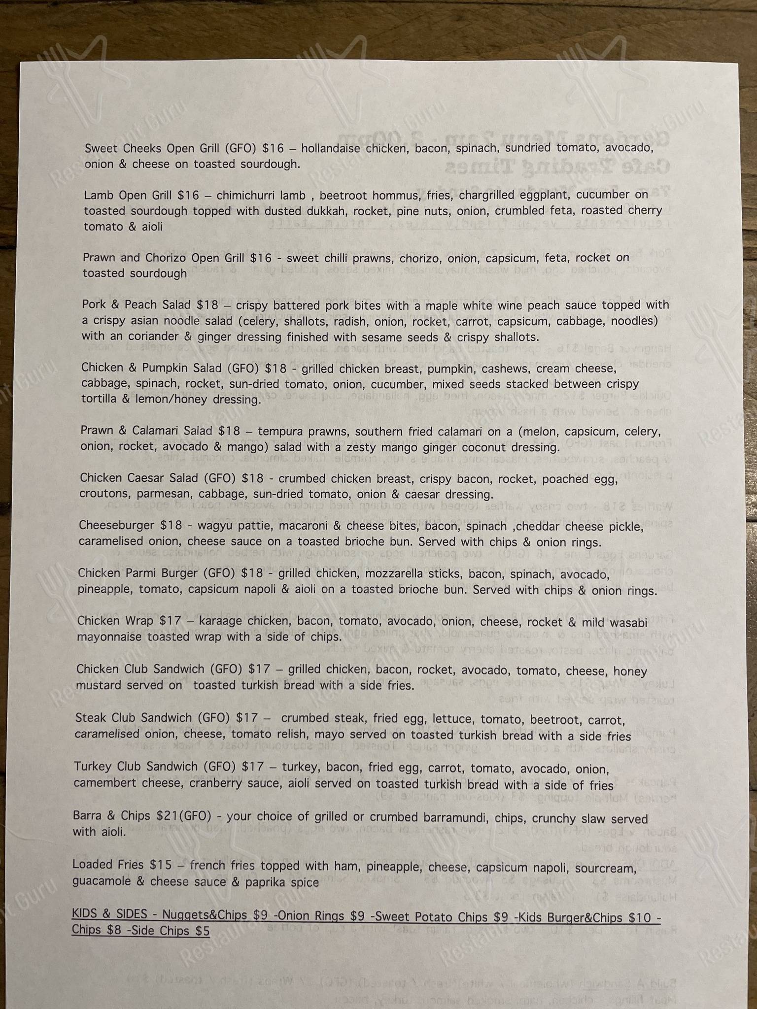 Menu at Warwicks Gardens Galore restaurant, Warwick