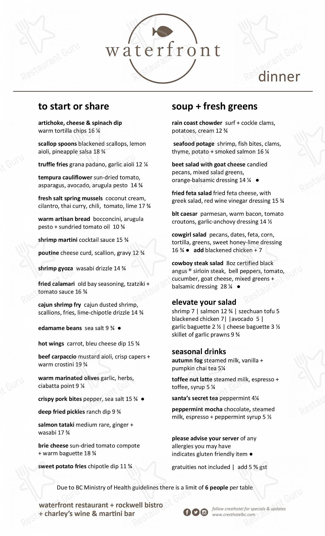 Menu at Waterfront Restaurant, Prince Rupert, 222 1st Ave W