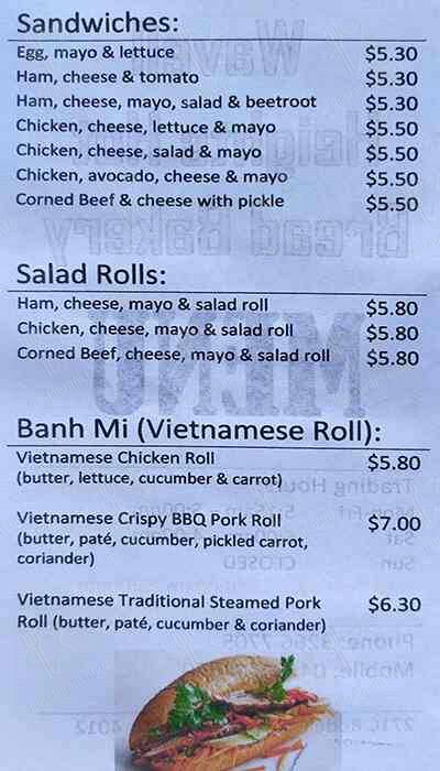 Menu at Wavell Hot Bread restaurant, Wavell Heights