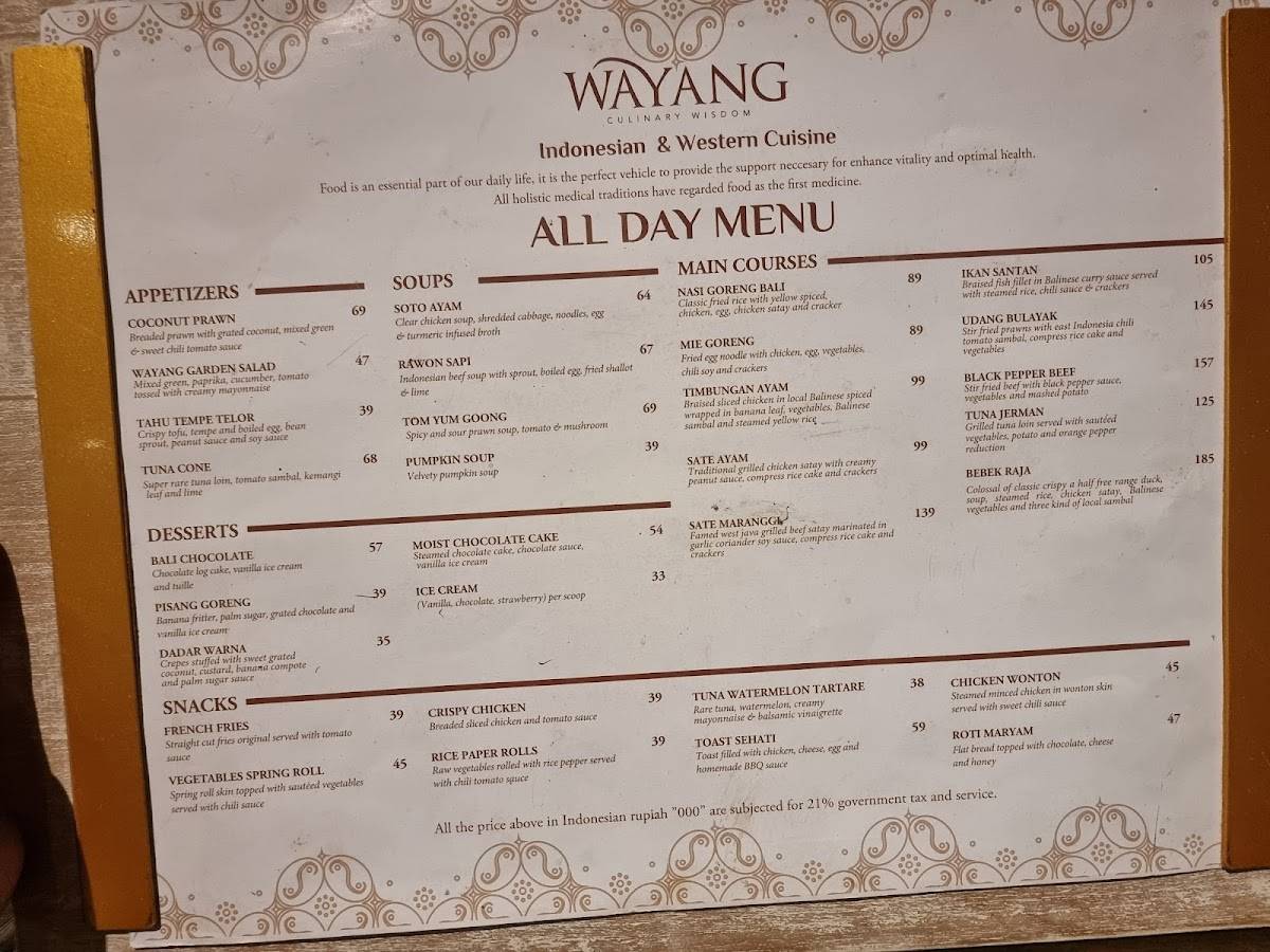 Menu at Wayang Restaurant Ubud, Ubud