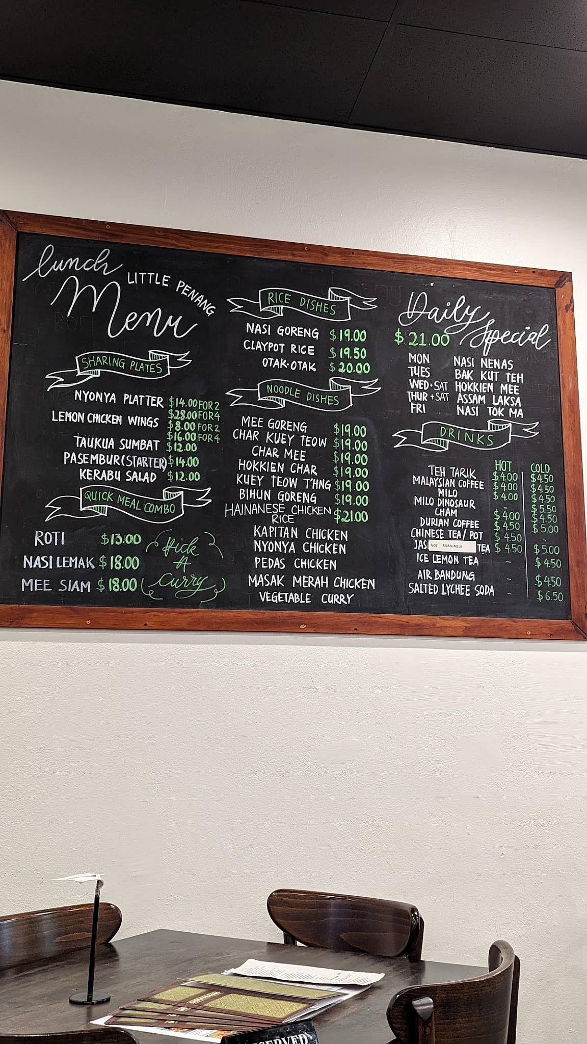 Menu at Little Penang restaurant, Wellington, 179 Victoria St
