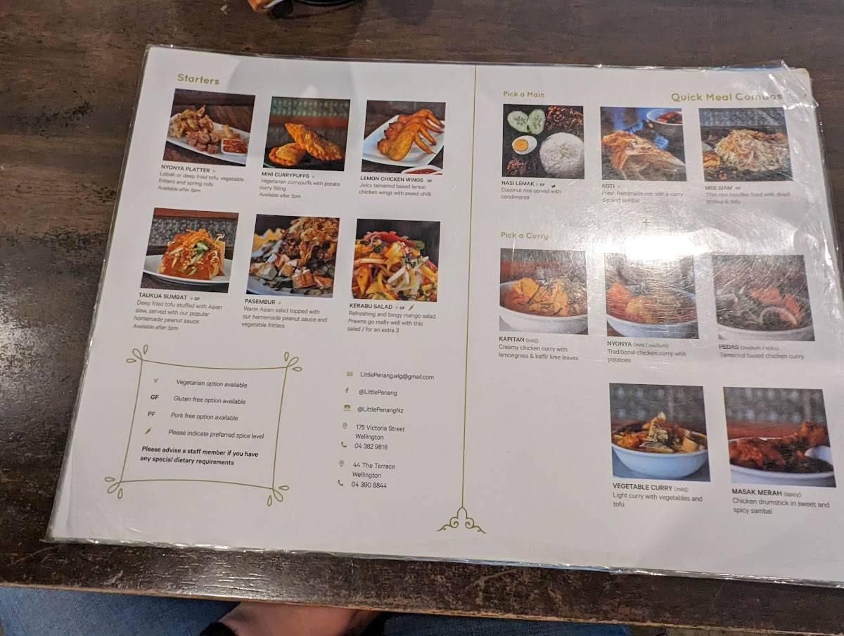 Menu at Little Penang restaurant, Wellington, 179 Victoria St