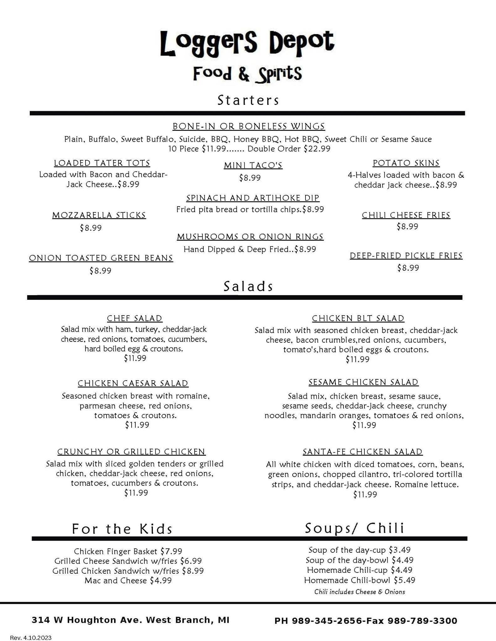 Menu at Logger's Depot pub & bar, West Branch