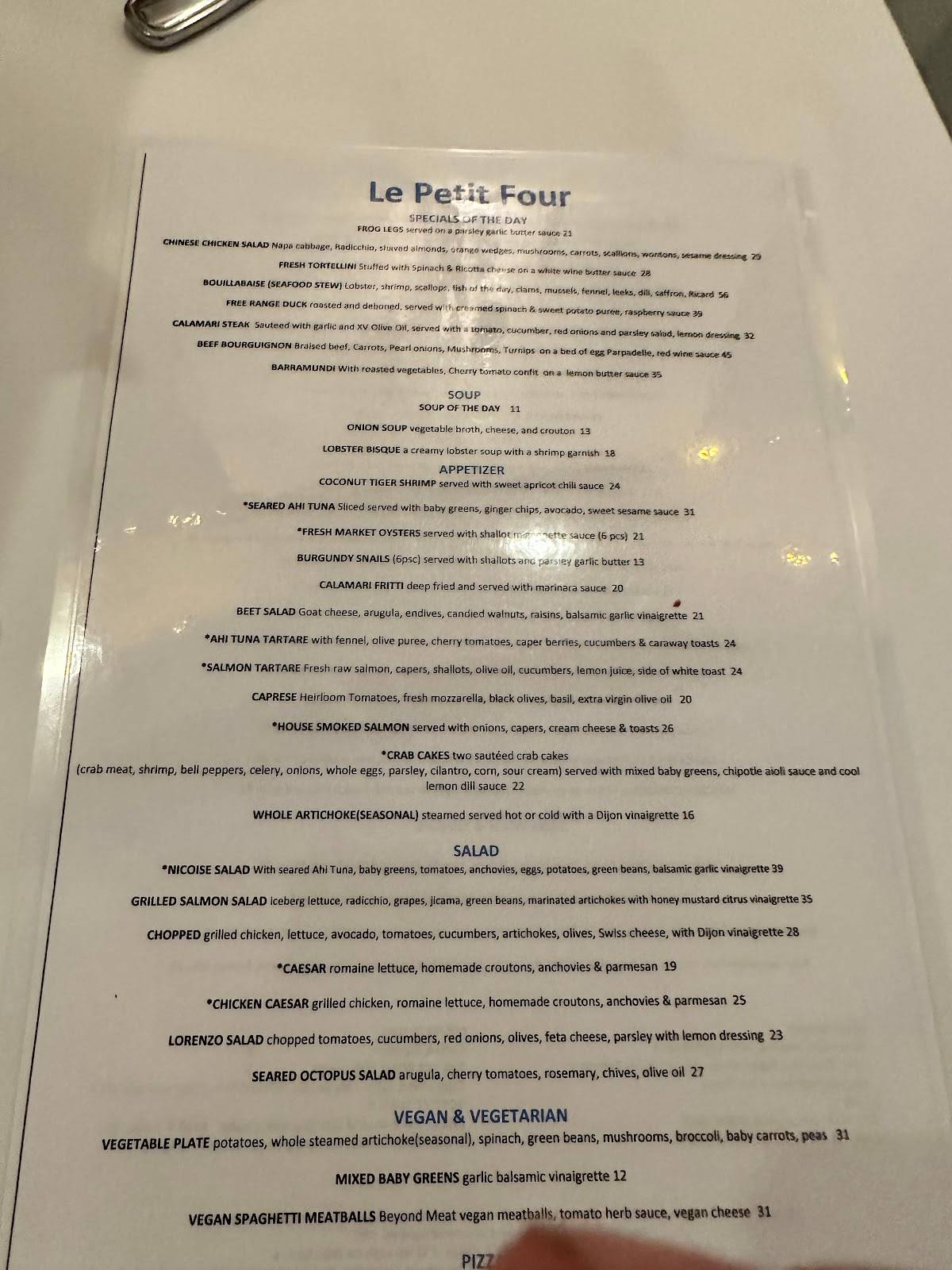 Menu at Le Petit Four restaurant, West Hollywood