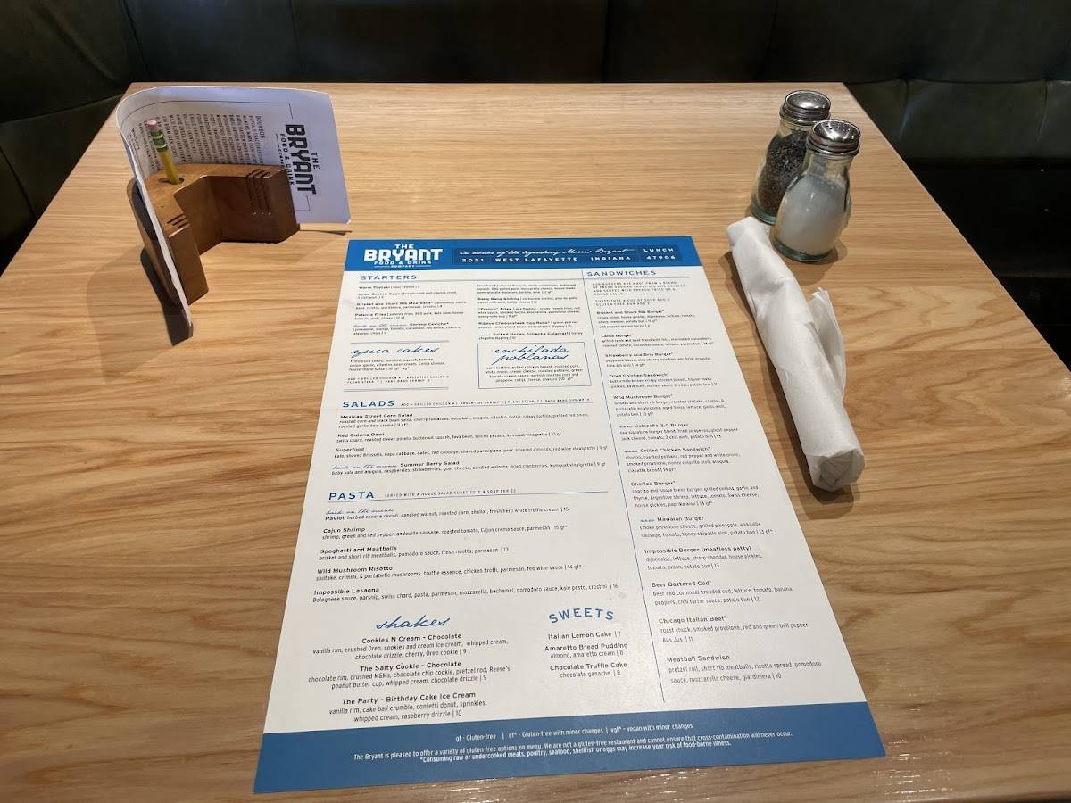 Menu at The Bryant pub & bar, West Lafayette, Sagamore Pkwy W