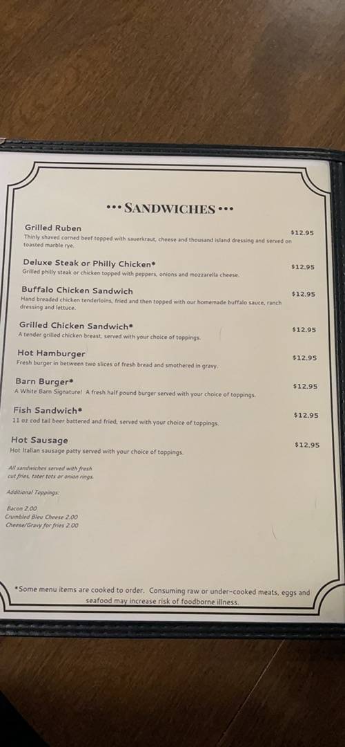 Menu at White Barn Supper Club, Dunlevy