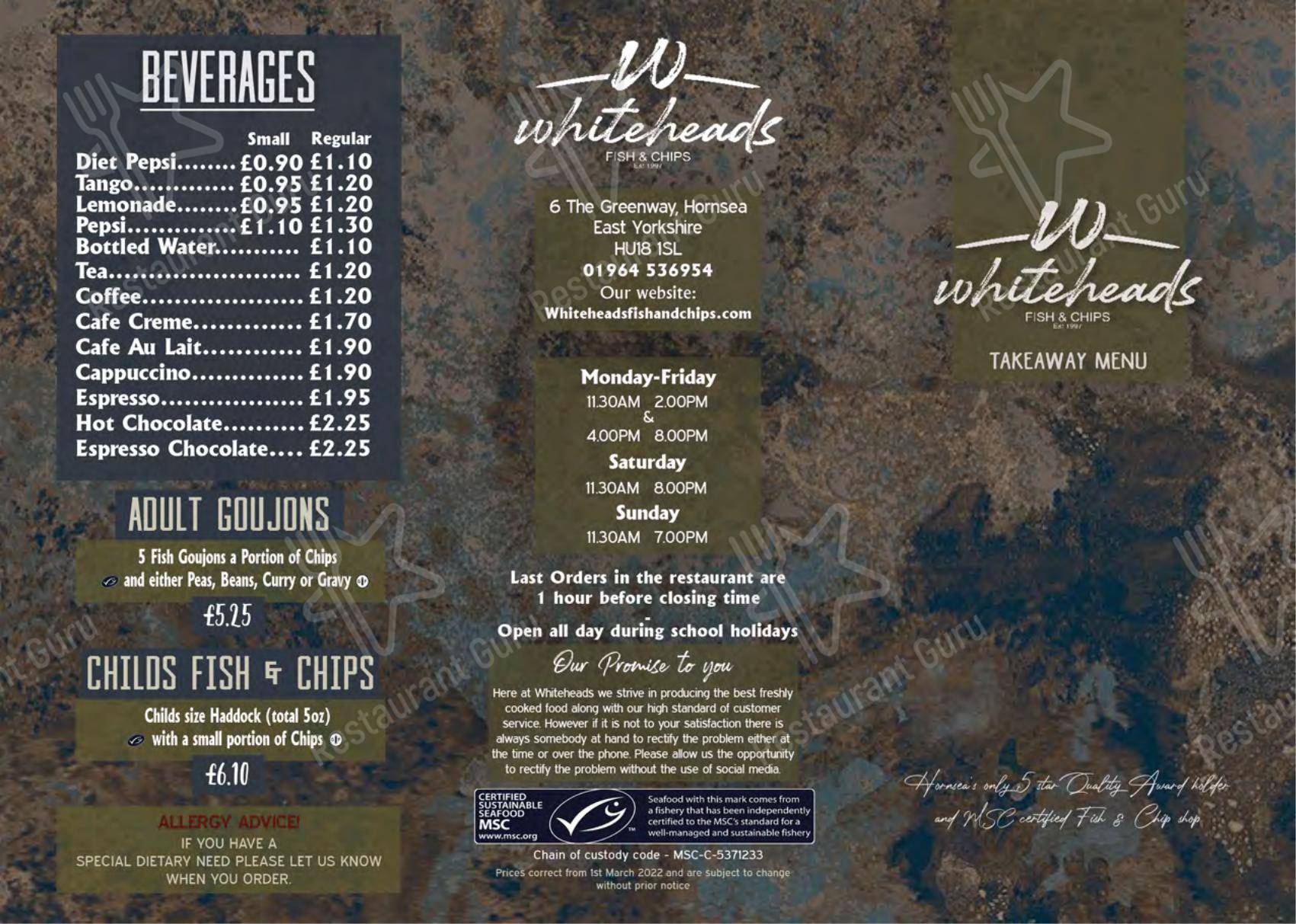 Menu at Whiteheads Fish and Chips Ltd restaurant, Hornsea