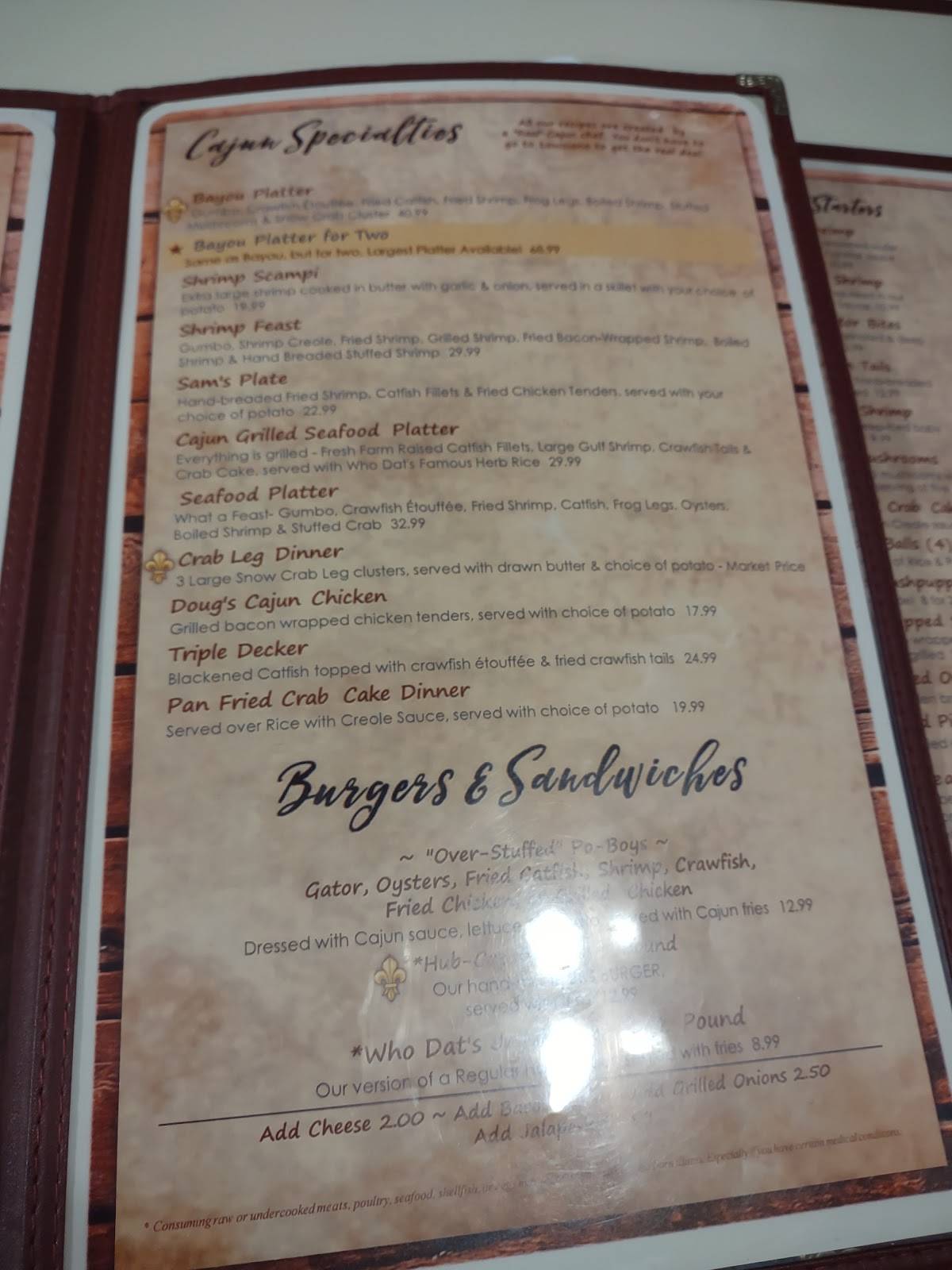 Menu at Who Dat's Cajun Restaurant, Bald Knob