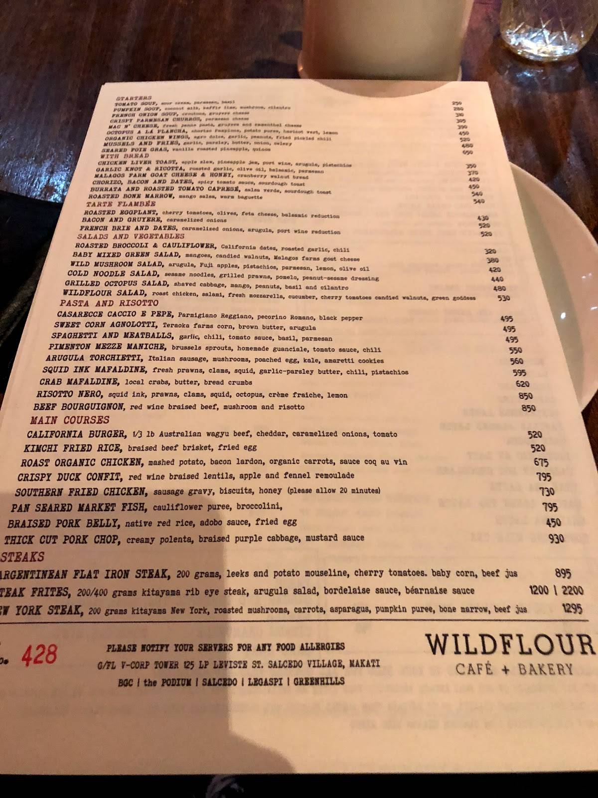 Menu at Wildflour Restaurant - Salcedo, Makati, V Corporate Center