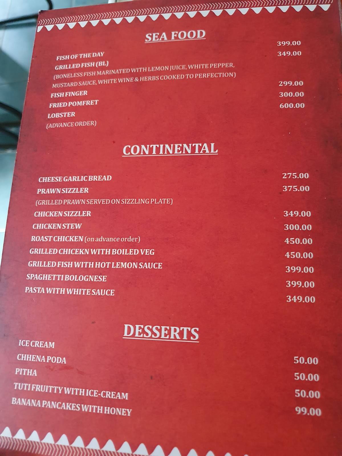 Menu at Wildgrass Restaurant, Puri
