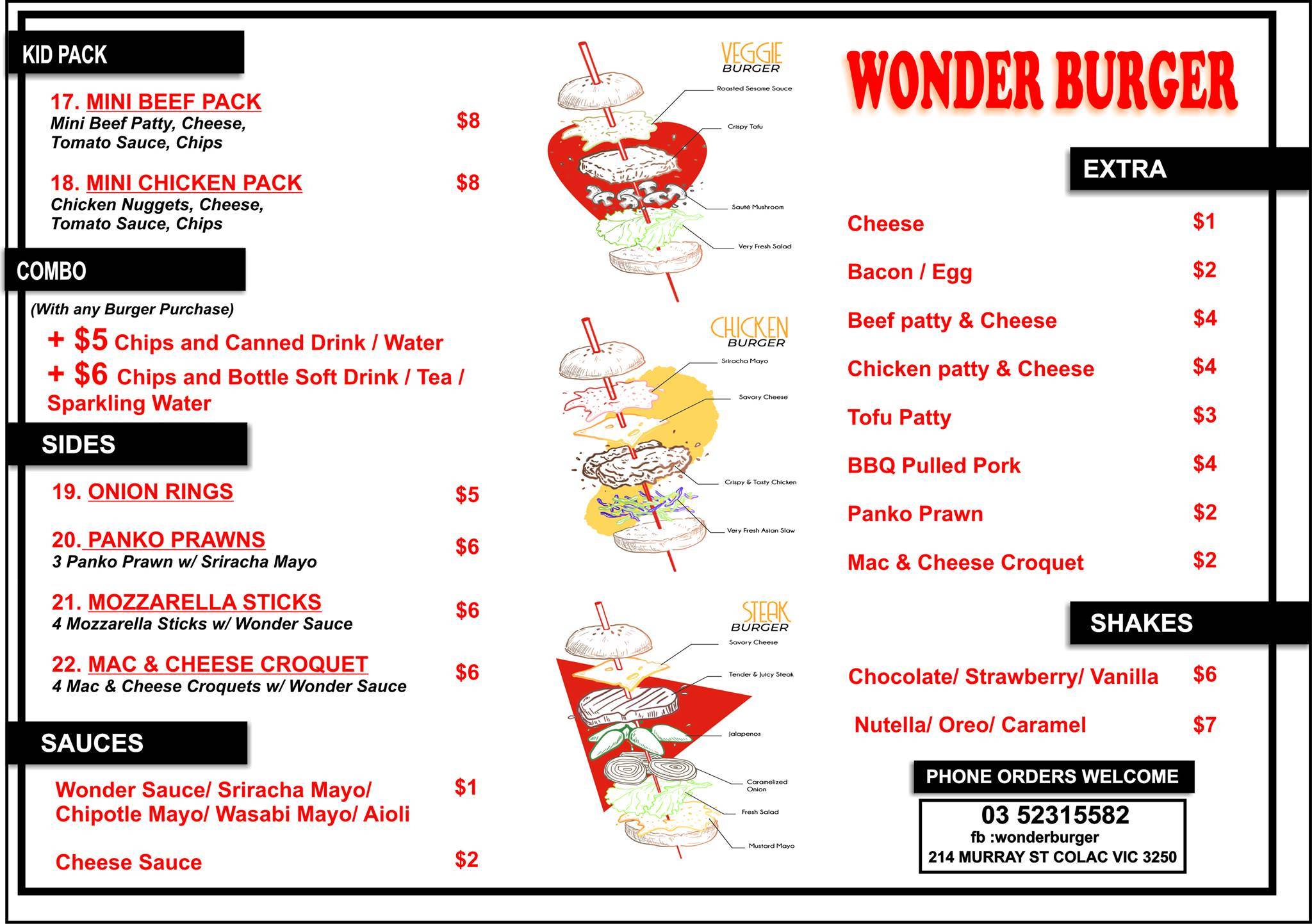 Menu at Wonder Burger restaurant, Colac