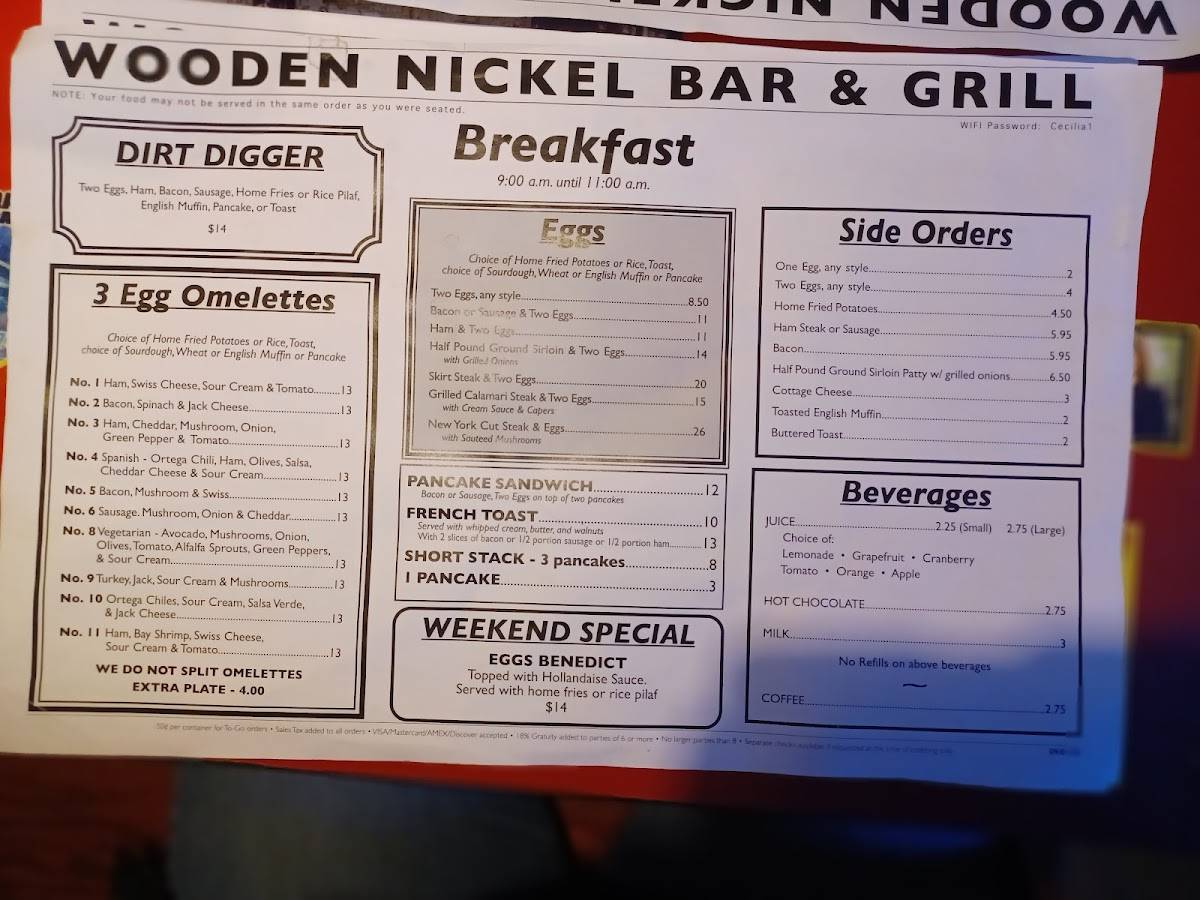 Menu at Wooden Nickel Bar & Grill, Freedom