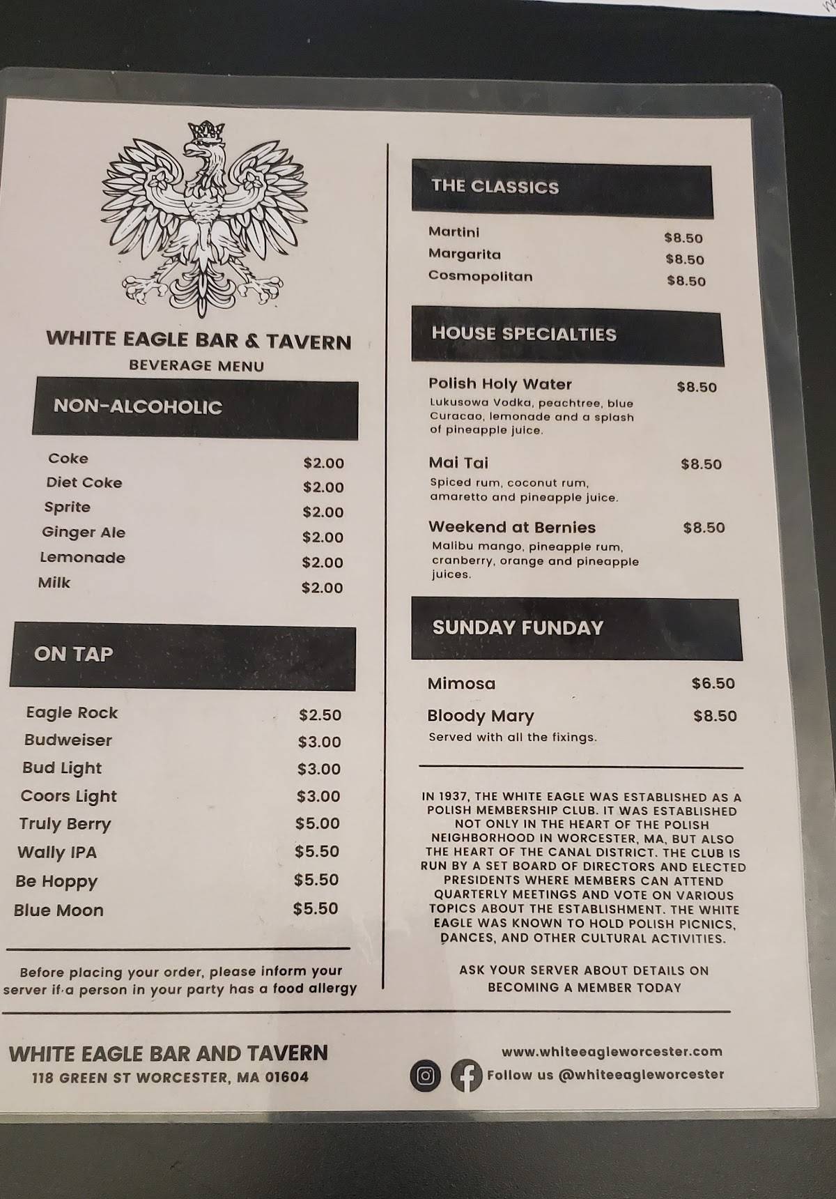 Menu at The White Eagle pub & bar, Worcester