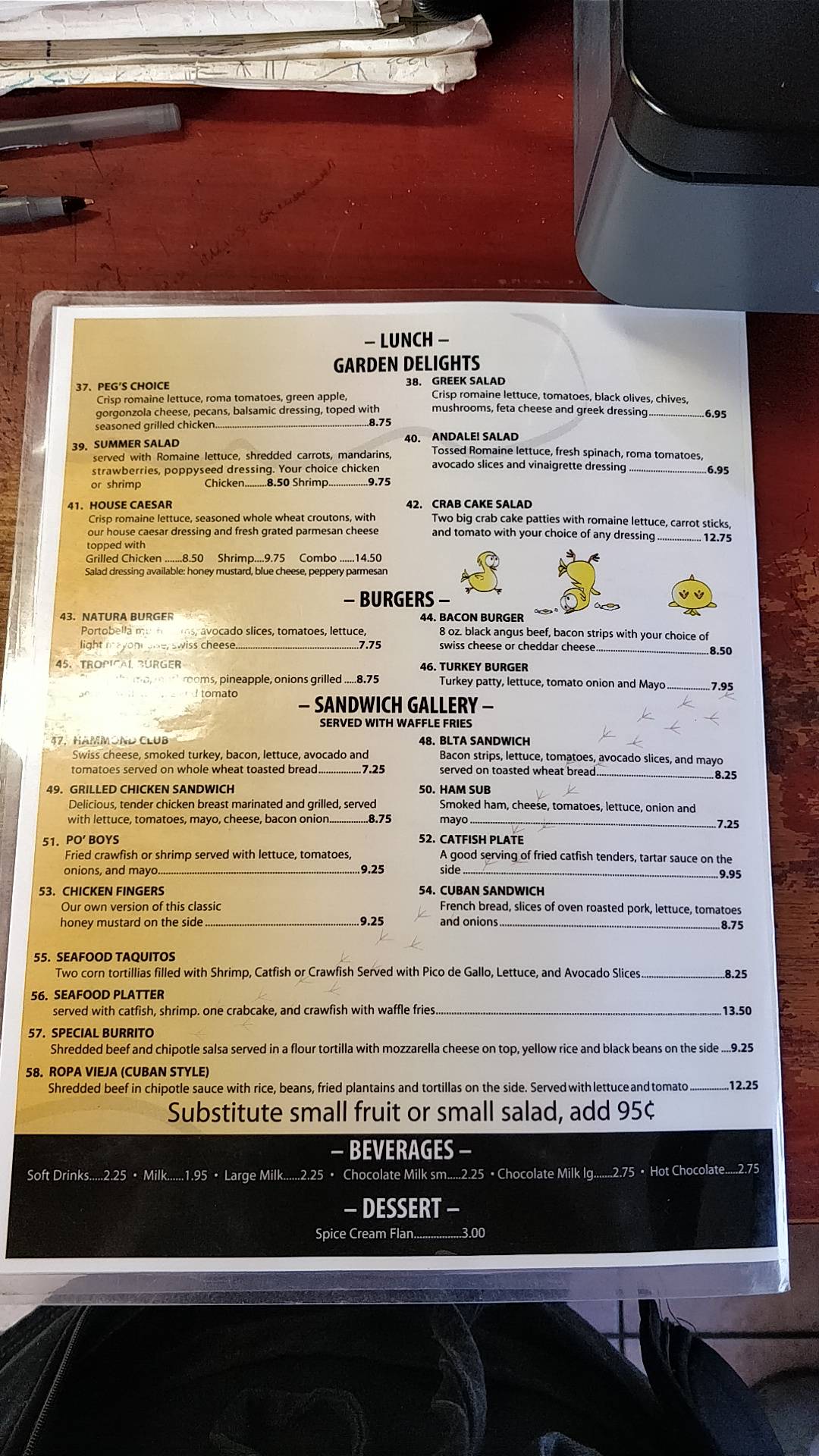 Menu at Yellow Bird Cafe, Hammond