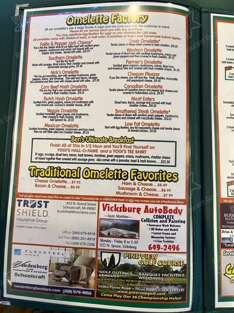 Menu at Yogi's restaurant, Vicksburg