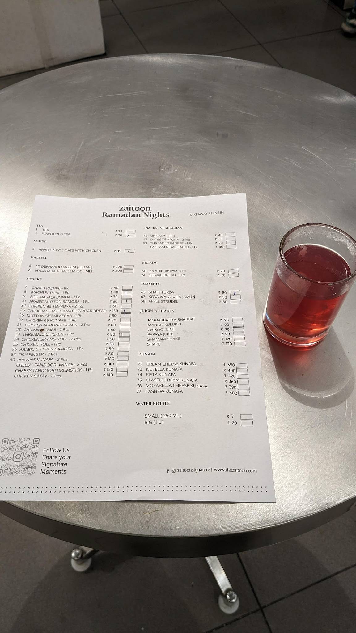 Menu at Zaitoon Signature, Chennai
