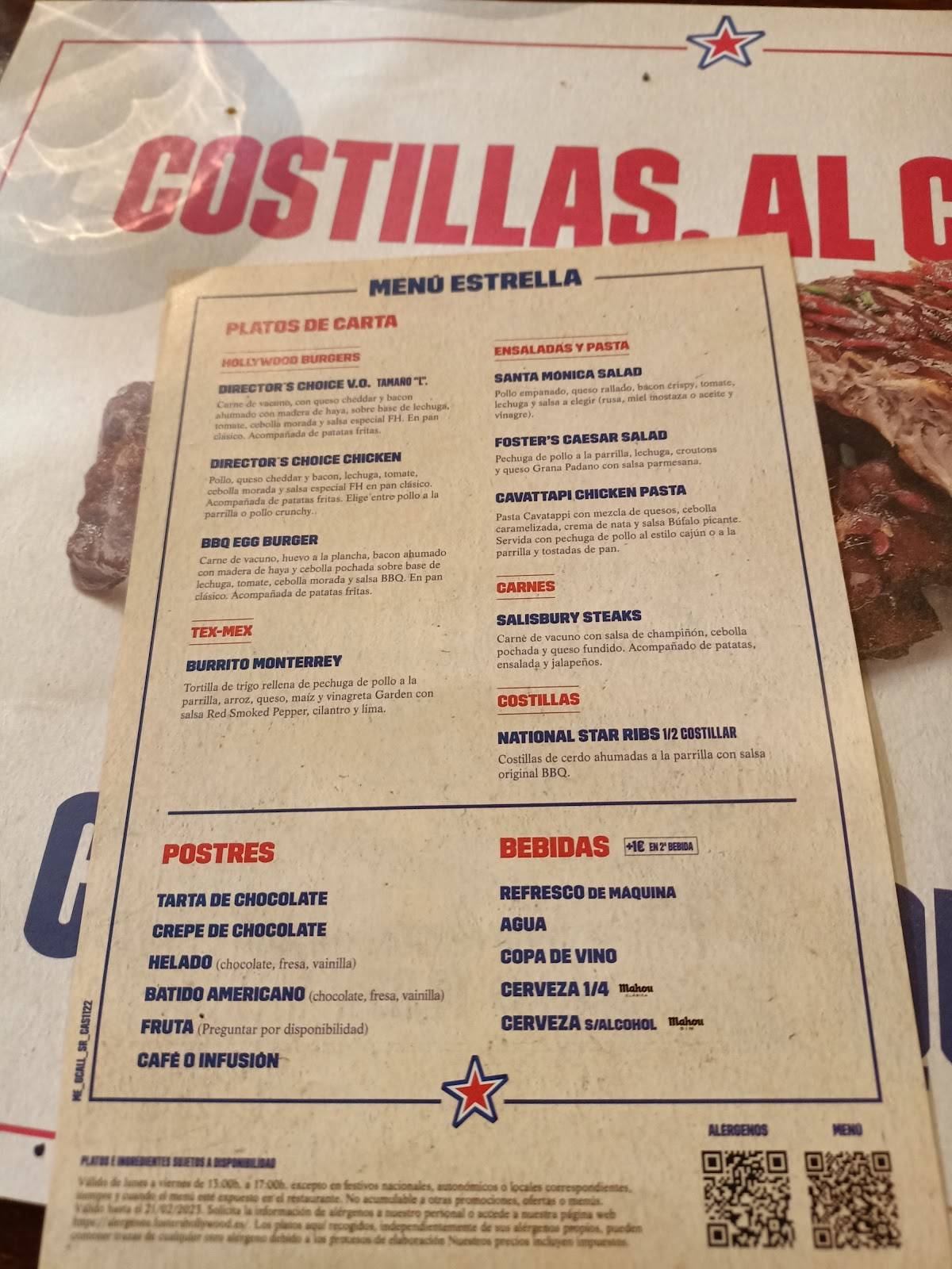 Menu at Foster's Hollywood restaurant, Zaragoza, C.C. Aragonia