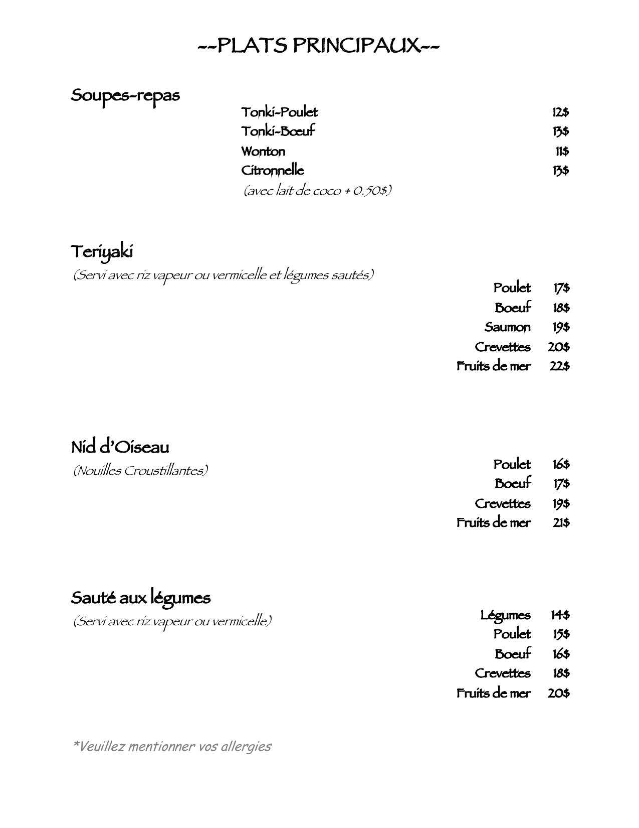 Menu au Zen Restaurant, L'Assomption, 372 Bd de l'Ange-Gardien