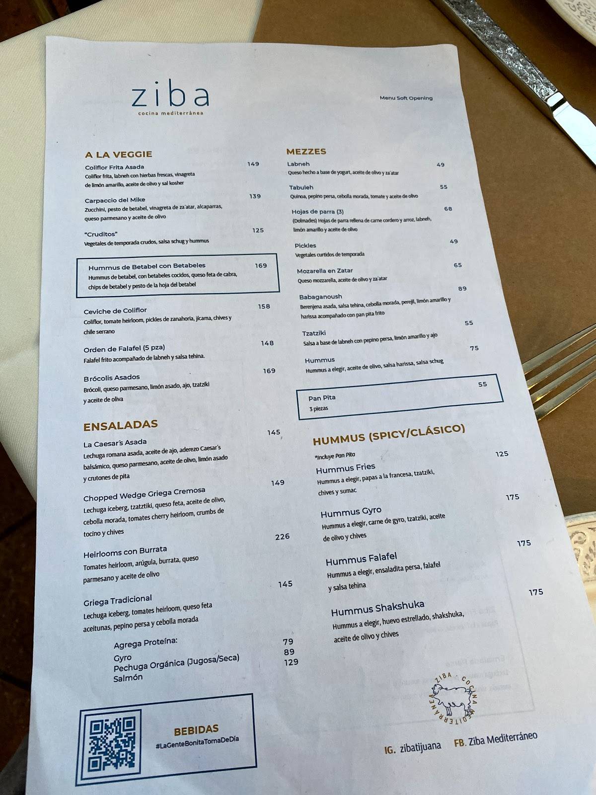 Carta del restaurante Ziba Mediterráneo, Tijuana