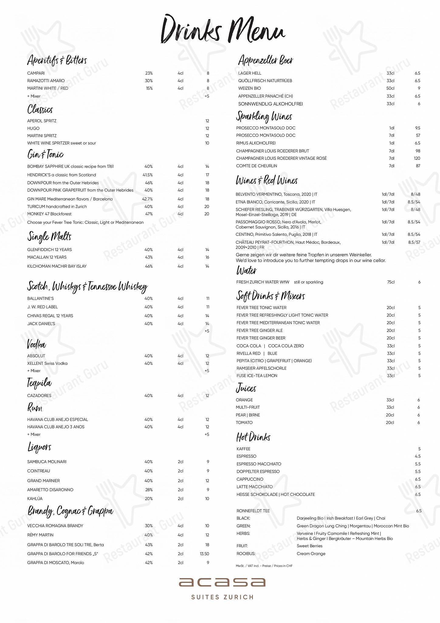 Speisekarte von Restaurant Acasa & Bar Zürich Oerlikon, Zürich