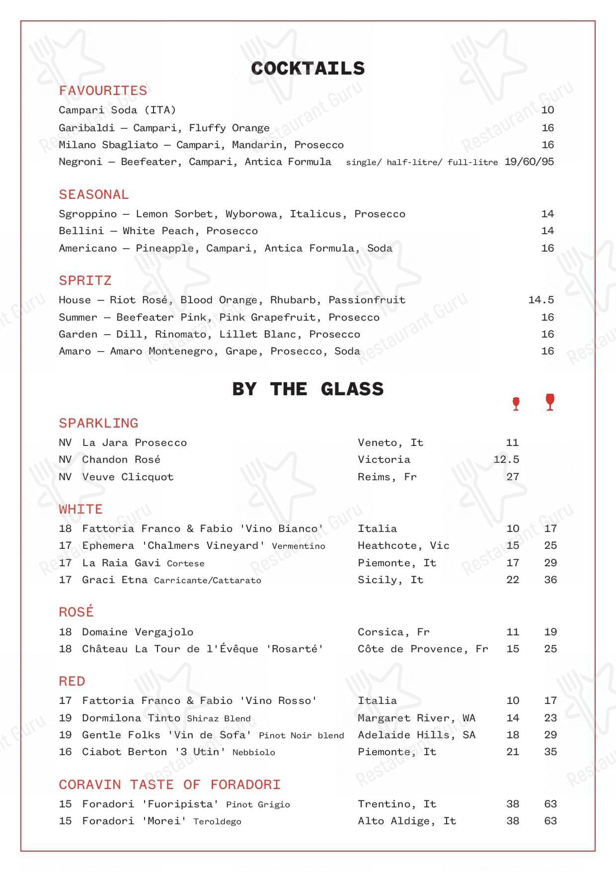 Menu at Bar Totti's, Sydney