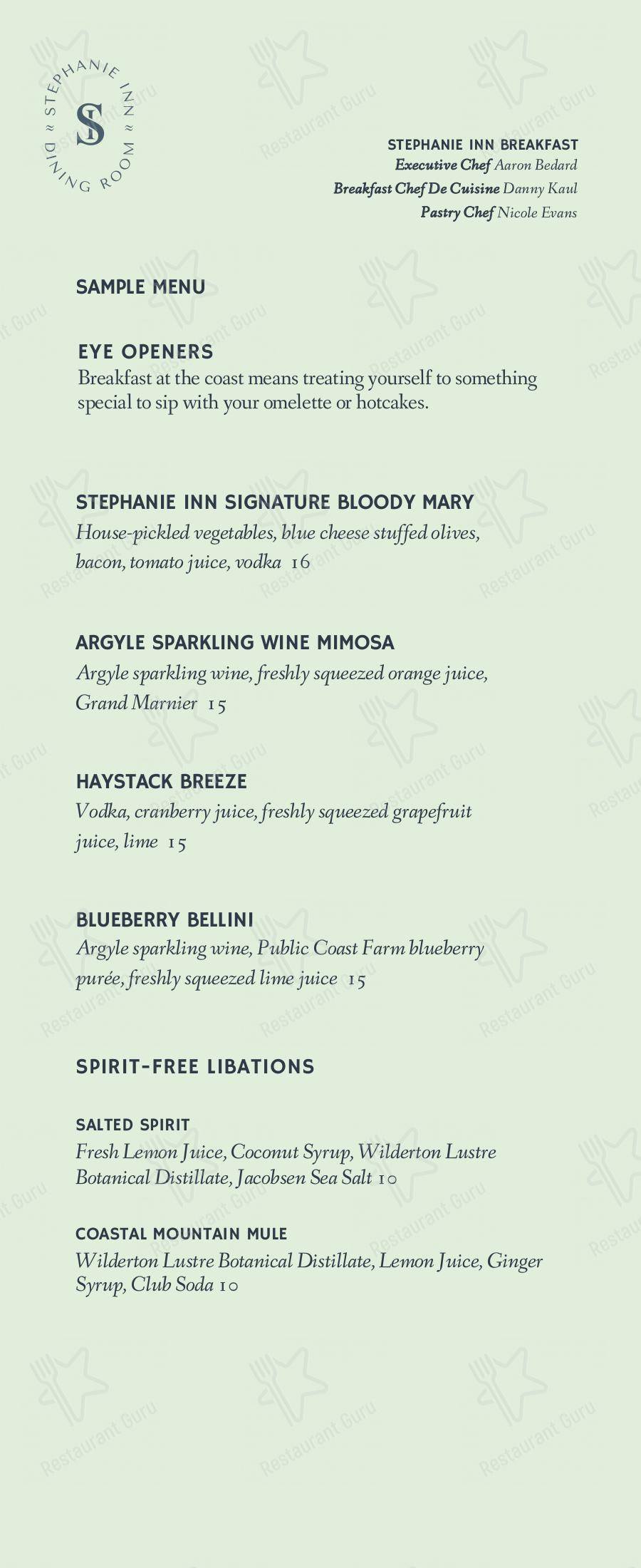 Menu at Stephanie Inn & Dining Room restaurant, Cannon Beach
